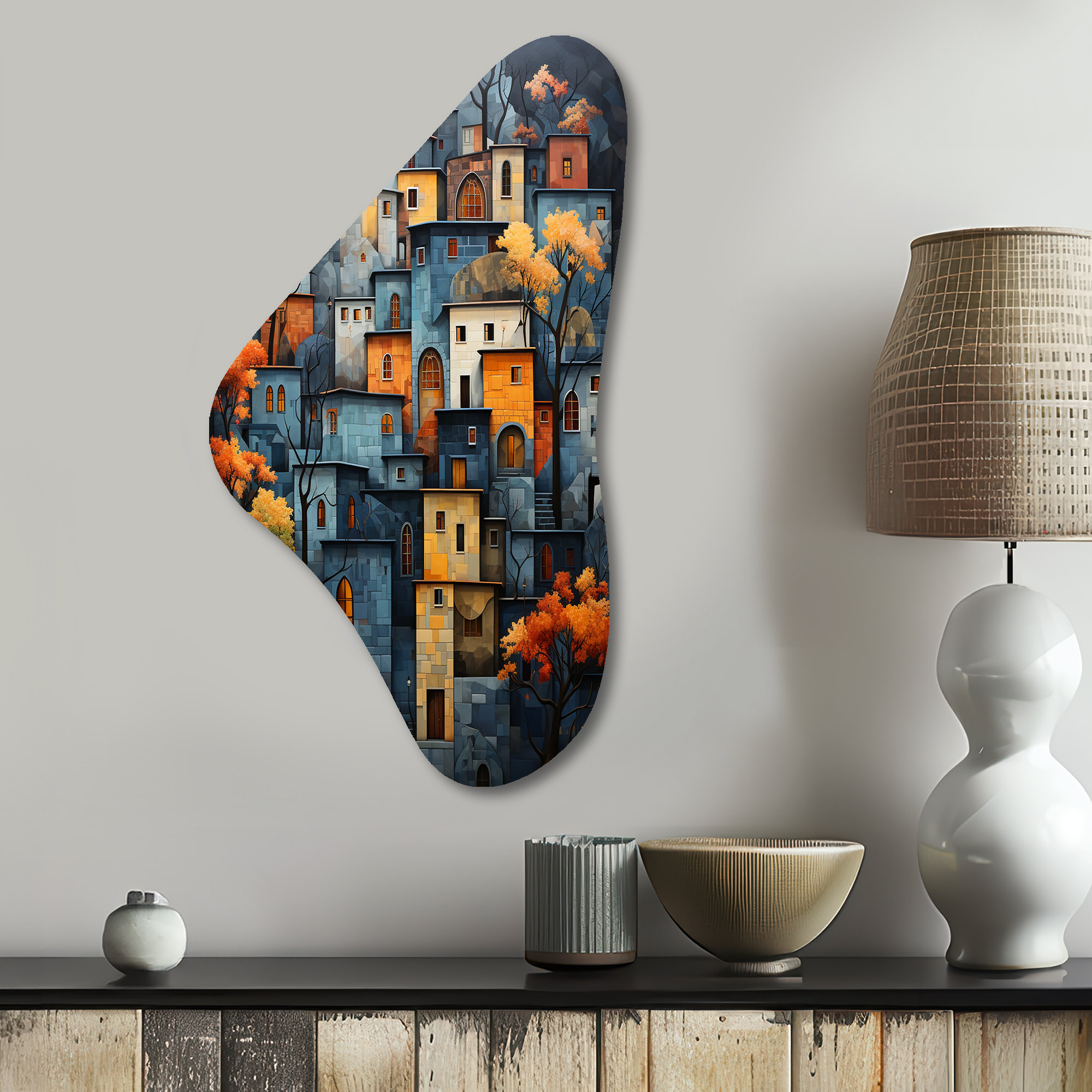 Design Art Cityscape Exquisite Blue II - City Buildings Boomerang Shape ...