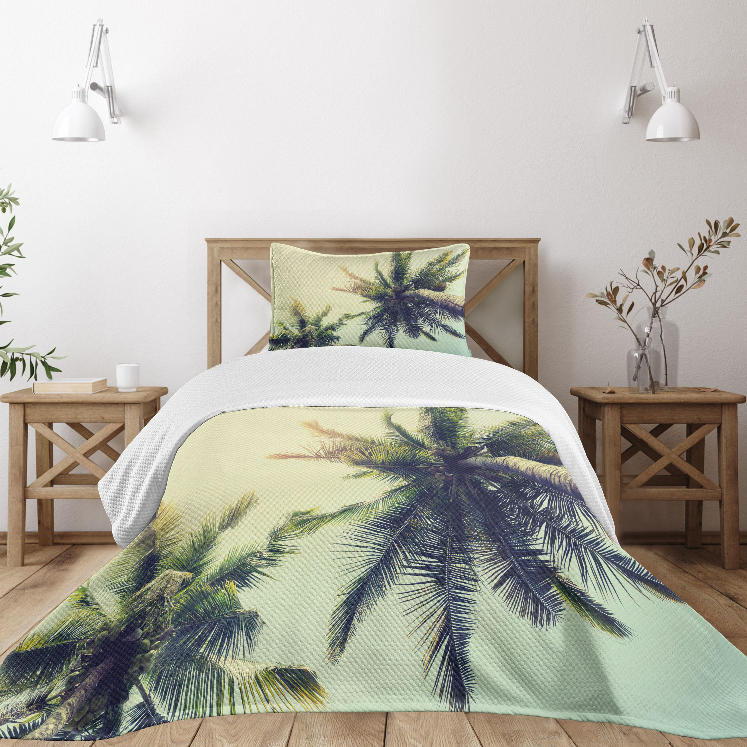 Ambesonne Palm Tree Bedspread Set Caribbean Coastline Ocean Pale Yellow ...