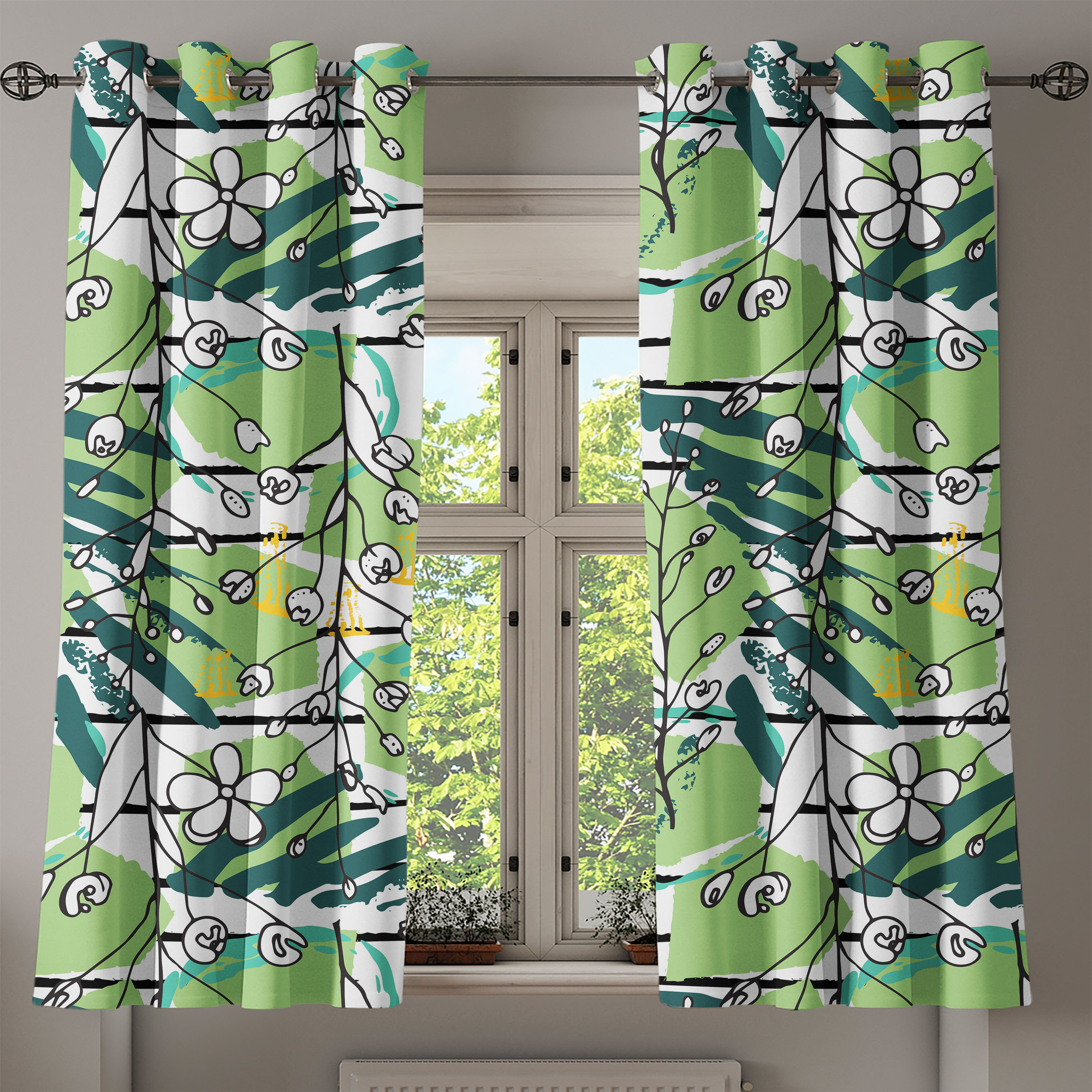 Latitude Run® Floral Design Grommet Curtain Print Flowers Sketch ...