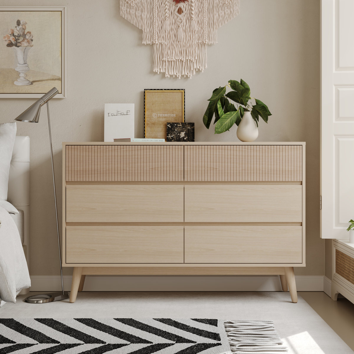 George Oliver Natural Wood 6-Drawer Dresser - Striped Surface & Pull ...