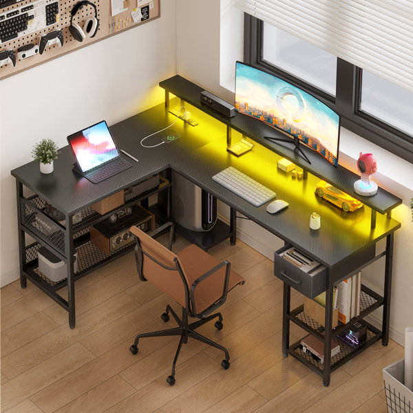 Inbox Zero Reversible Desk With Iron Shelves, Gaming Desk With Led ...