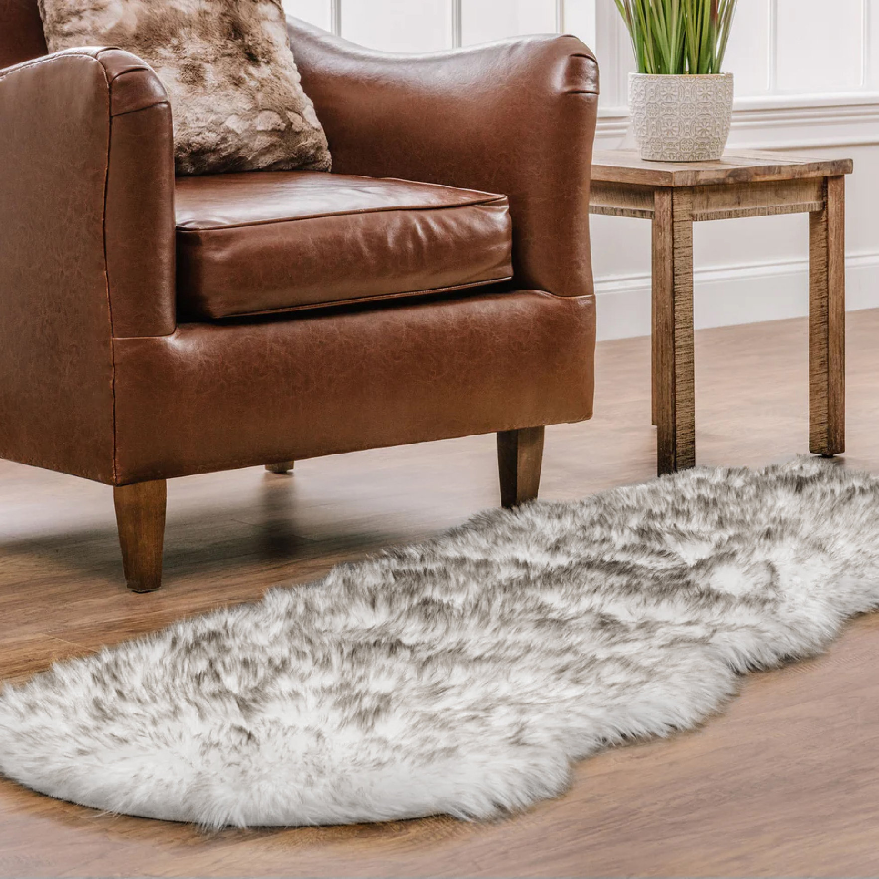 Hepper White Shag Novelty 2' x 6' Faux Sheepskin Fur Area Rug with Gray ...