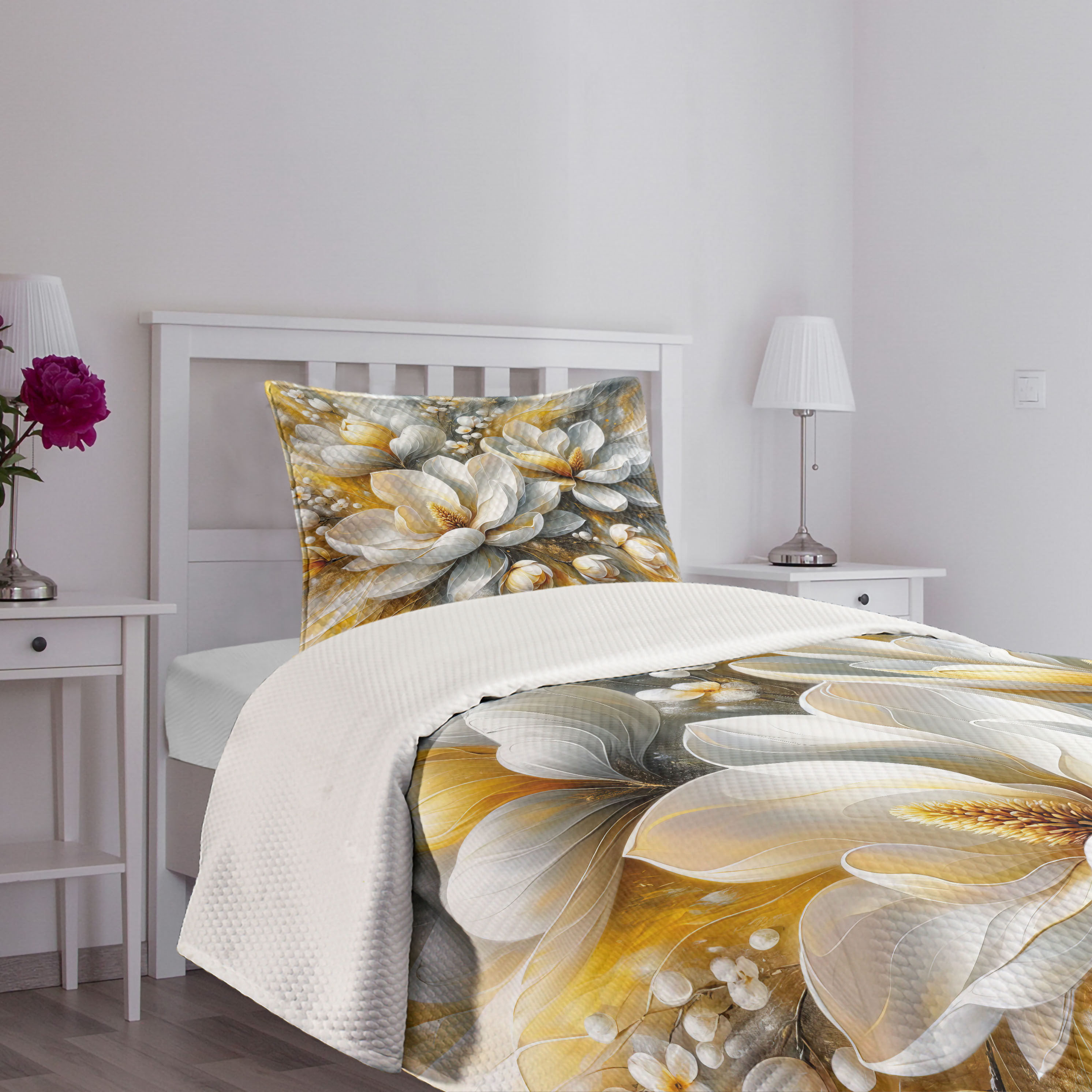 Ambesonne Yellow Bedspread Set 3 Pcs Modern Magnolia Flowers Art Queen ...