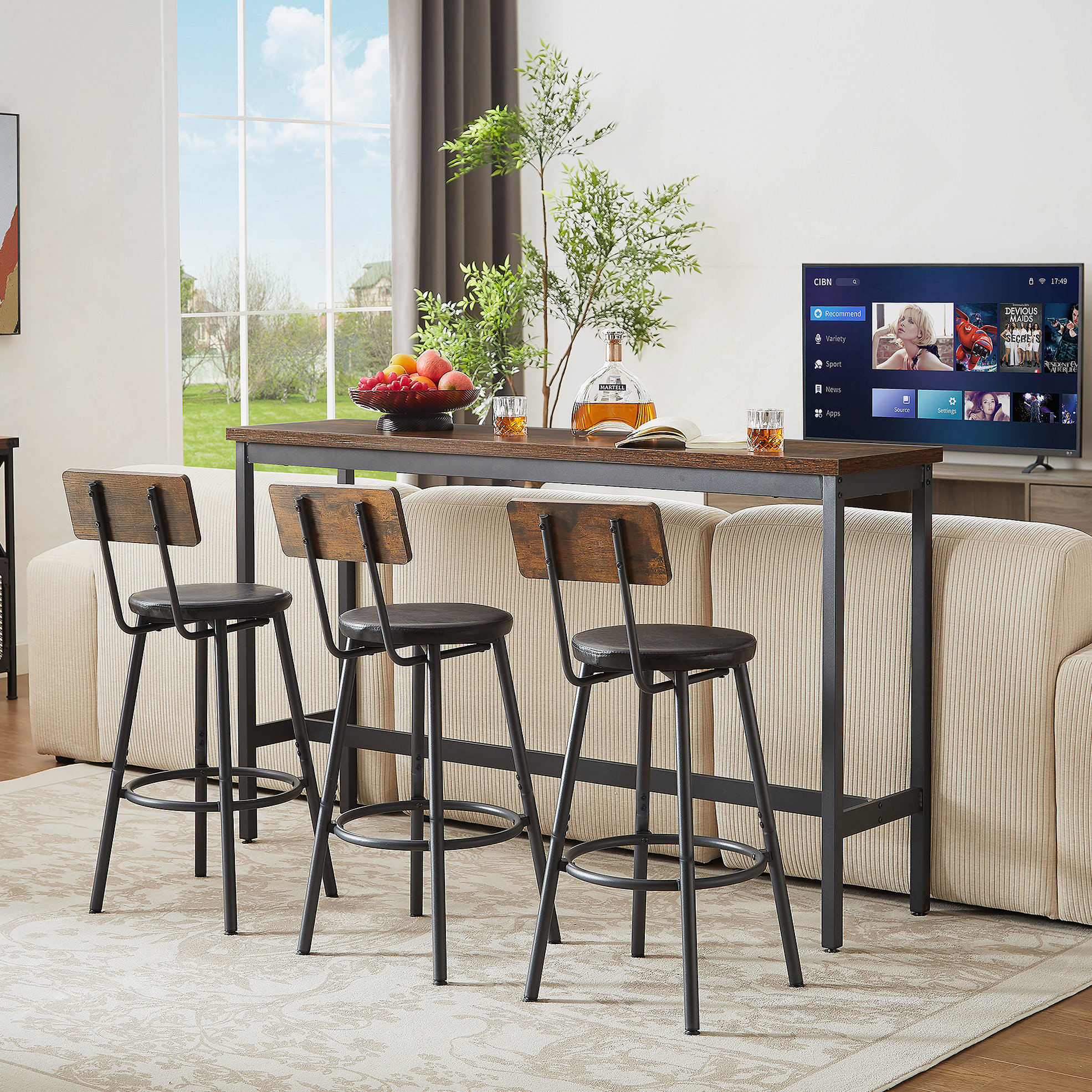 17 Stories Industrial Long Bar Table Set with 3 PU Upholstered Stools ...