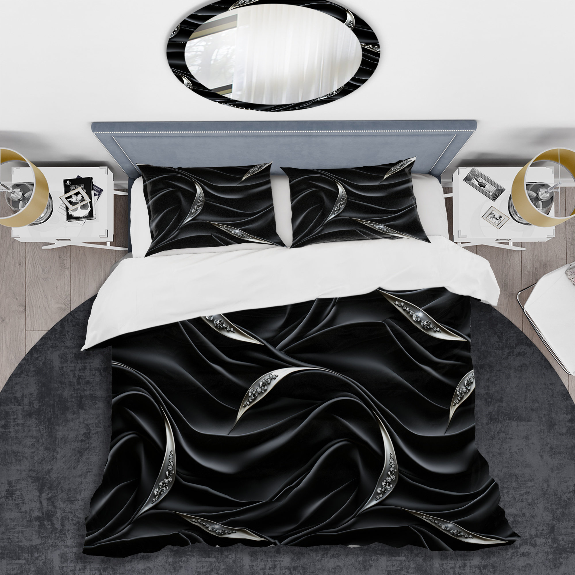 Design Art Deep Black Silver Elegance - Abstract Duvet Cover Set | Wayfair