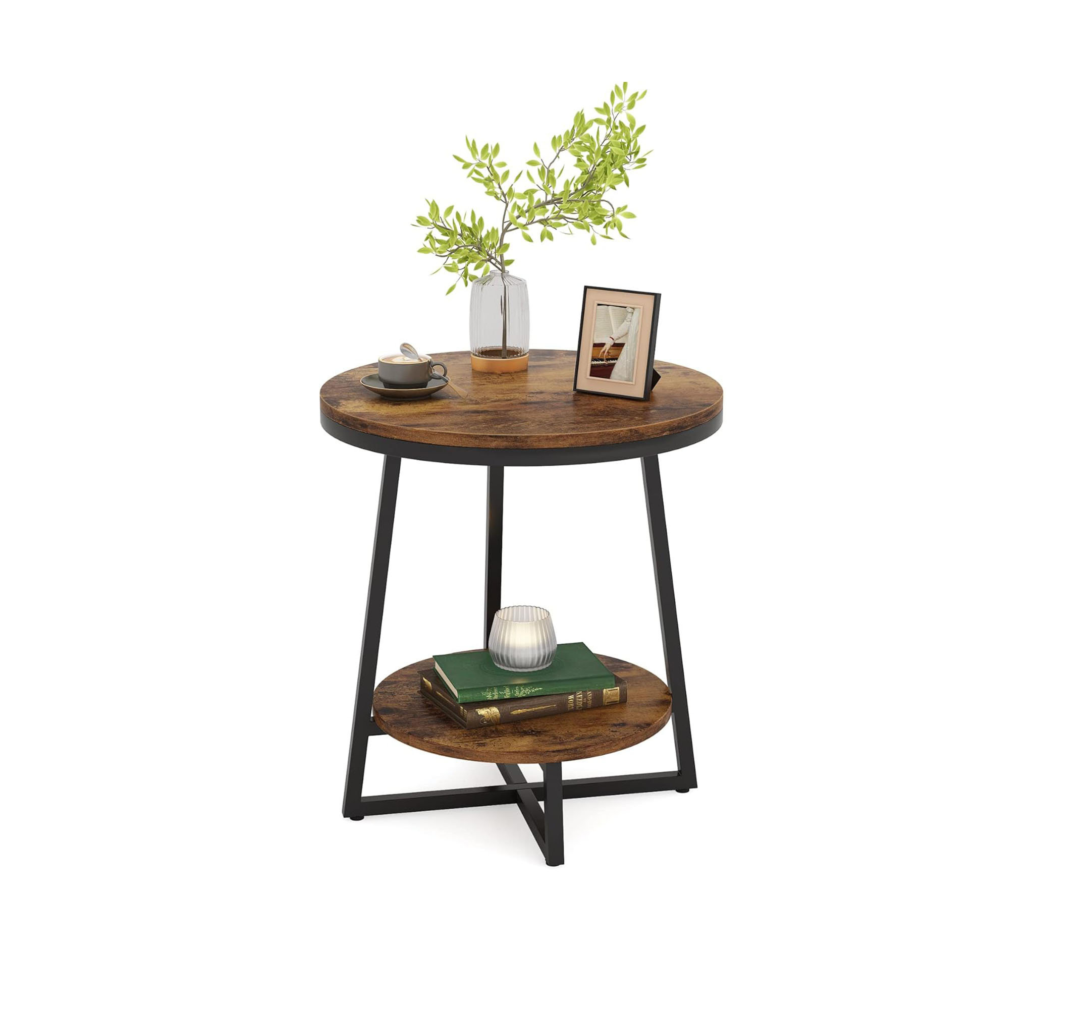 17 Stories 2 Tier Round Side Table With Storage Shelf, Industrial ...
