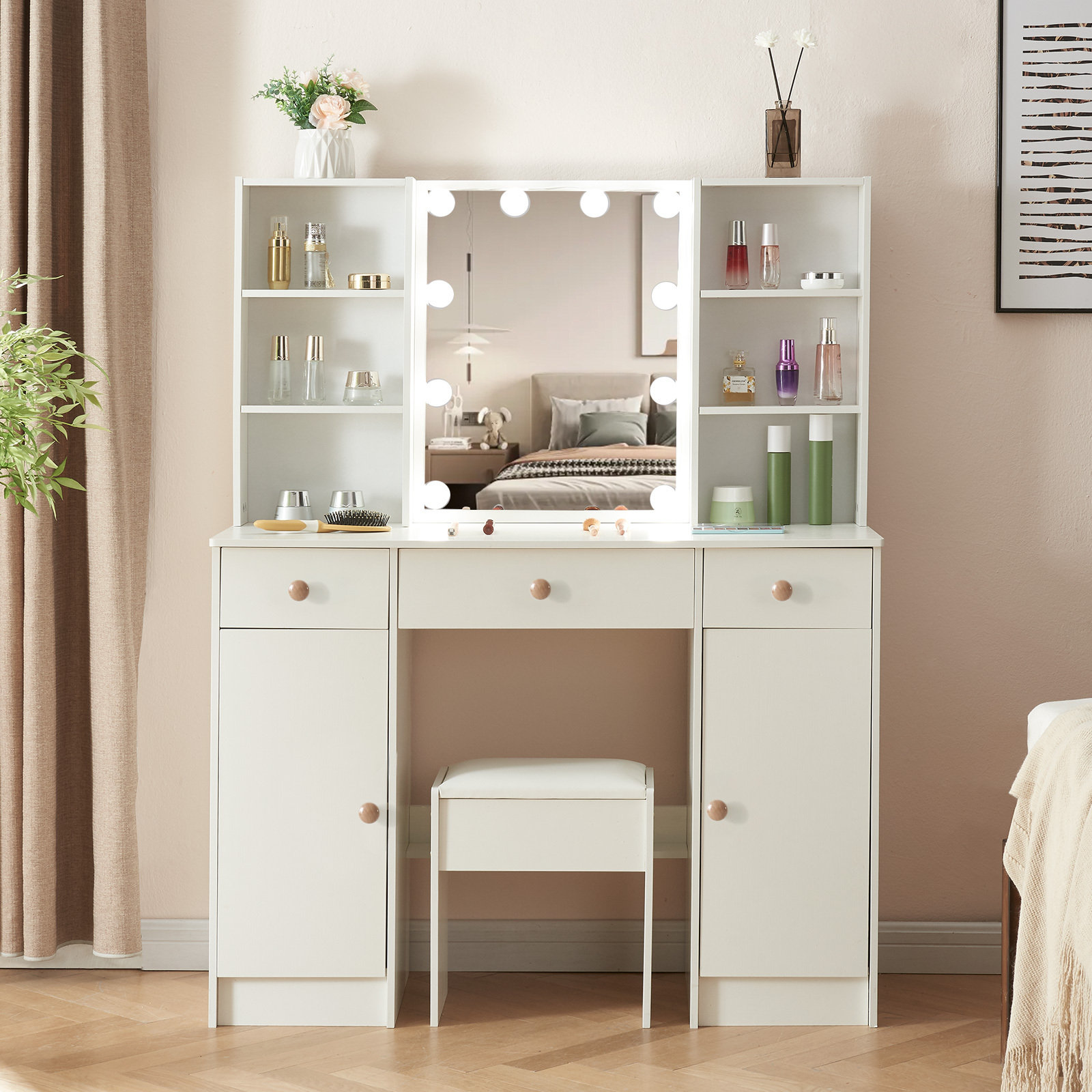 Latitude Run® Vanity Table With LED Mirror And Stool, Makeup Desk With ...