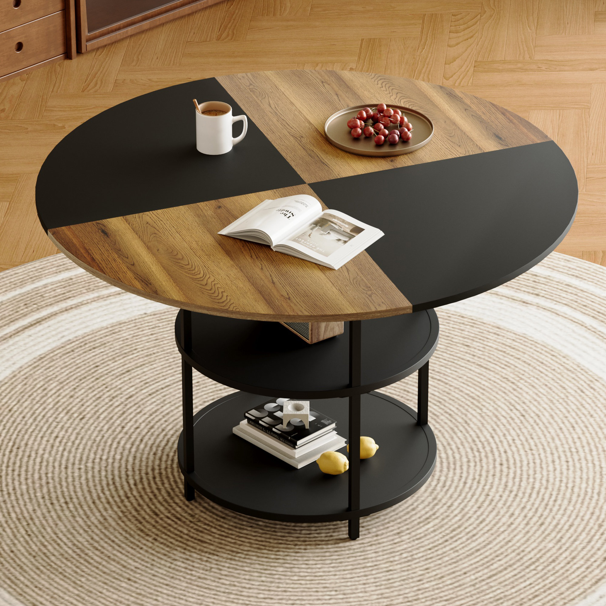 Ebern Designs Round Dining Table with Double-Layer Storage – Modern ...