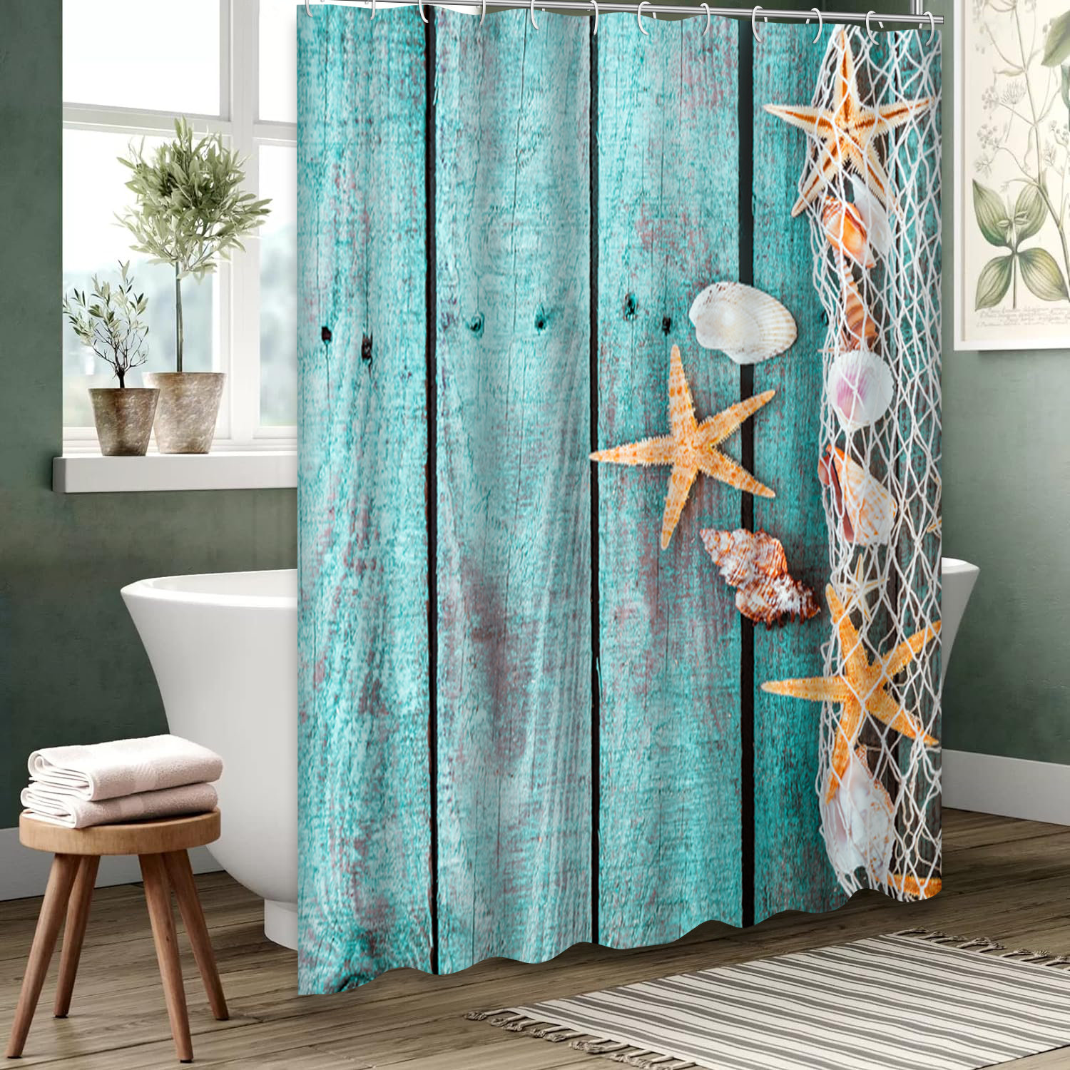 East Urban Home Marine Blue Waterproof Shower Curtain,Marine Border ...