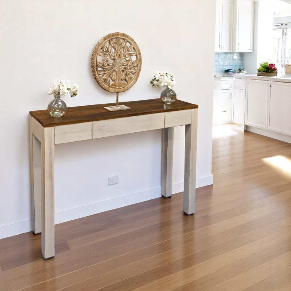 Gracie Oaks Hand-crafted Solid Wood White Washed Console Table With ...