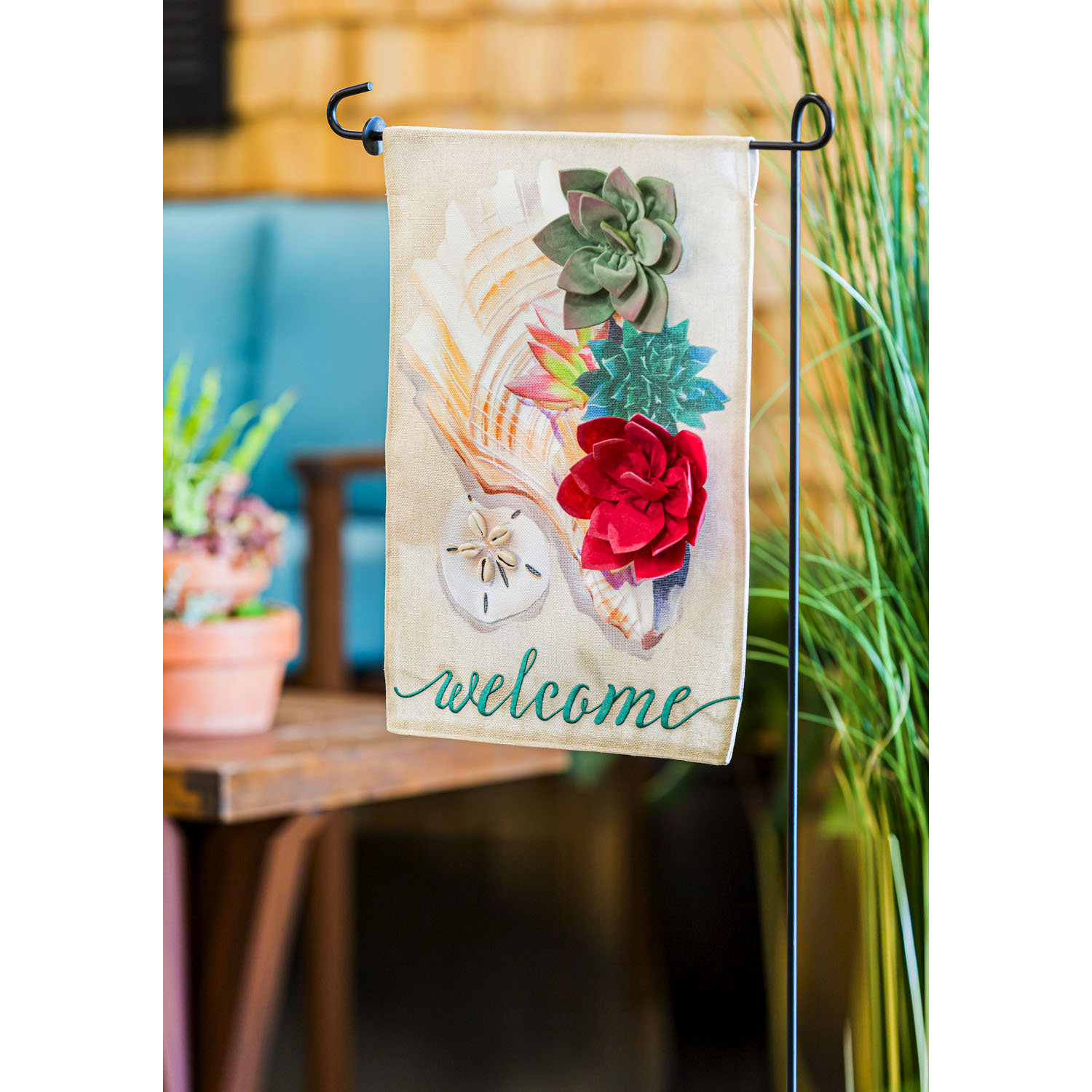 Evergreen Flag & Garden Conch Shell with Succulents 2-Sided Burlap 18 x ...