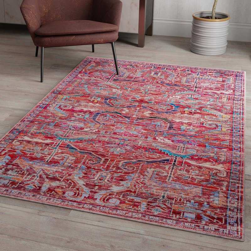 Langley Street Haglund Performance Rust Red/Blue Machine Washable Rug ...