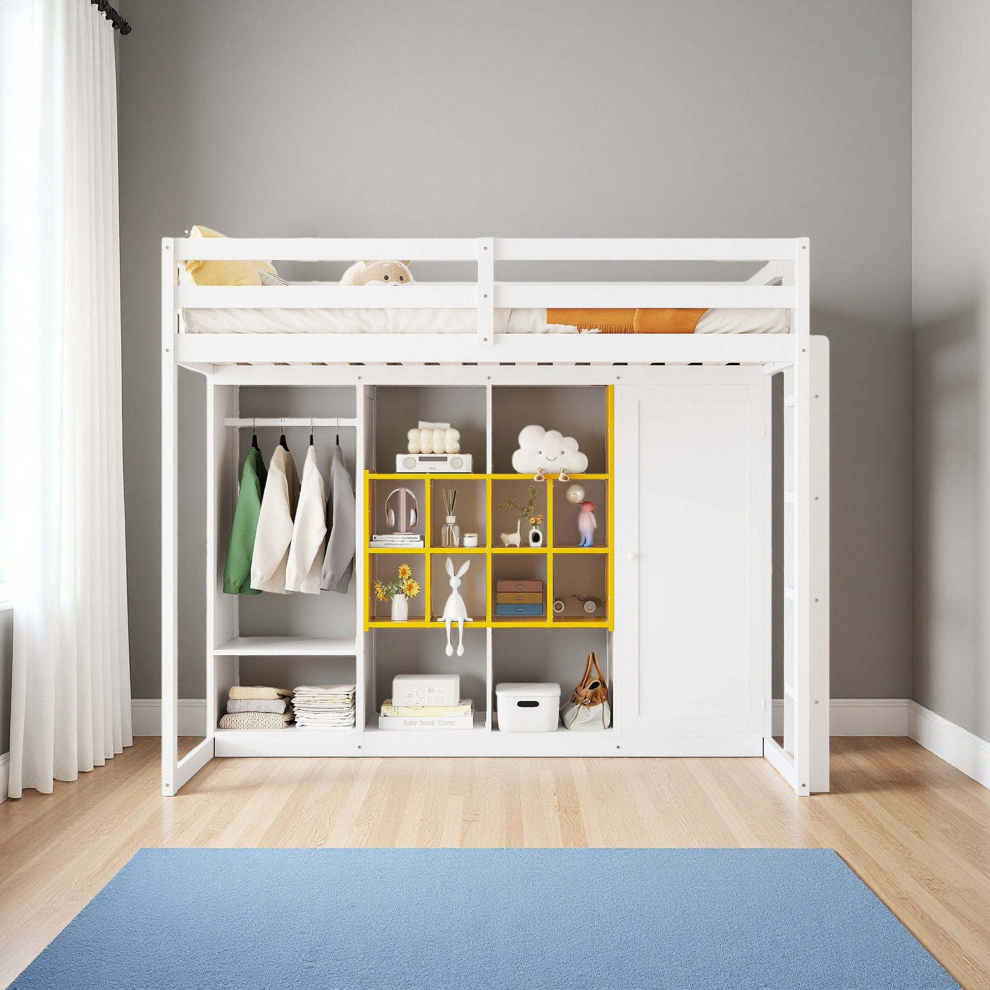 Harriet Bee Wood Loft Bed With Wardrobe, Shelves And Cabinet | Wayfair