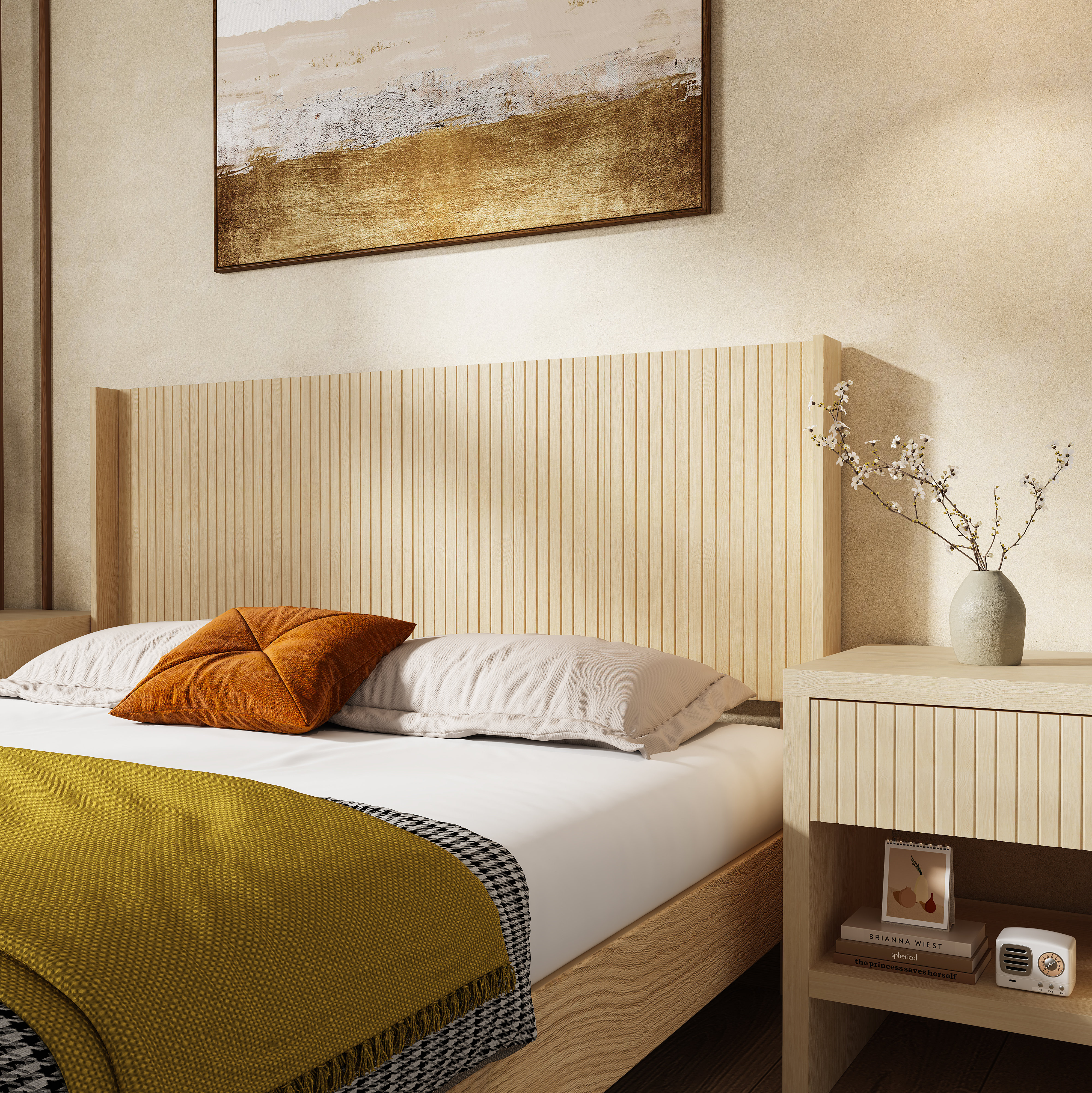 Gracie Oaks Queen Size Wooden Headboard Wall Panel with Recessed ...