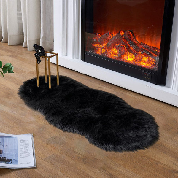 GRAND Area Rug, Fluffy Shag Faux Sheepskin Rug In Black For Living Room ...