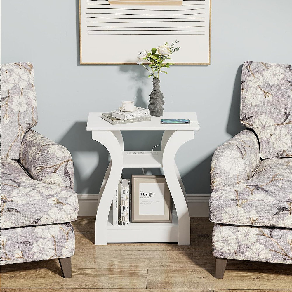 Winston Porter End Tables Living Room, End Table With Charging Station, White End Table With Usb ...