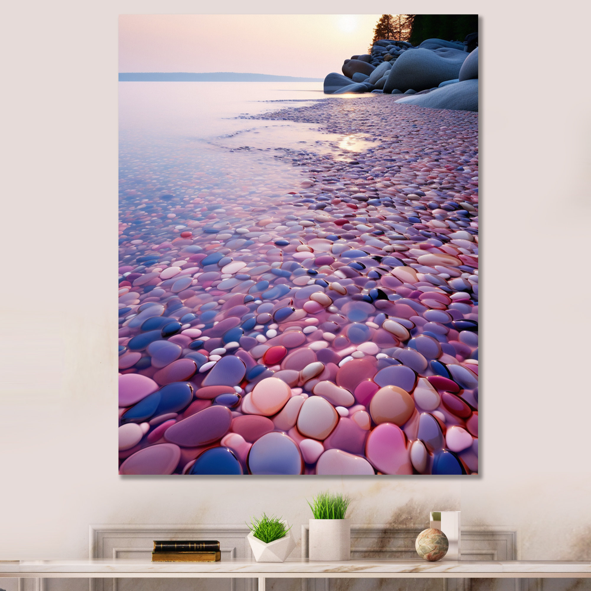 Highland Dunes Pebble Beach Pink And Blue Stones On Canvas Print | Wayfair