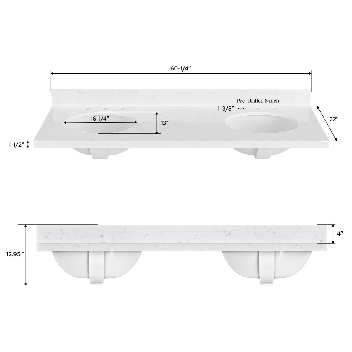 Ariel Bath ARIEL 60 INCH CARRARA WHITE QUARTZ BATHROOM VANITY ...