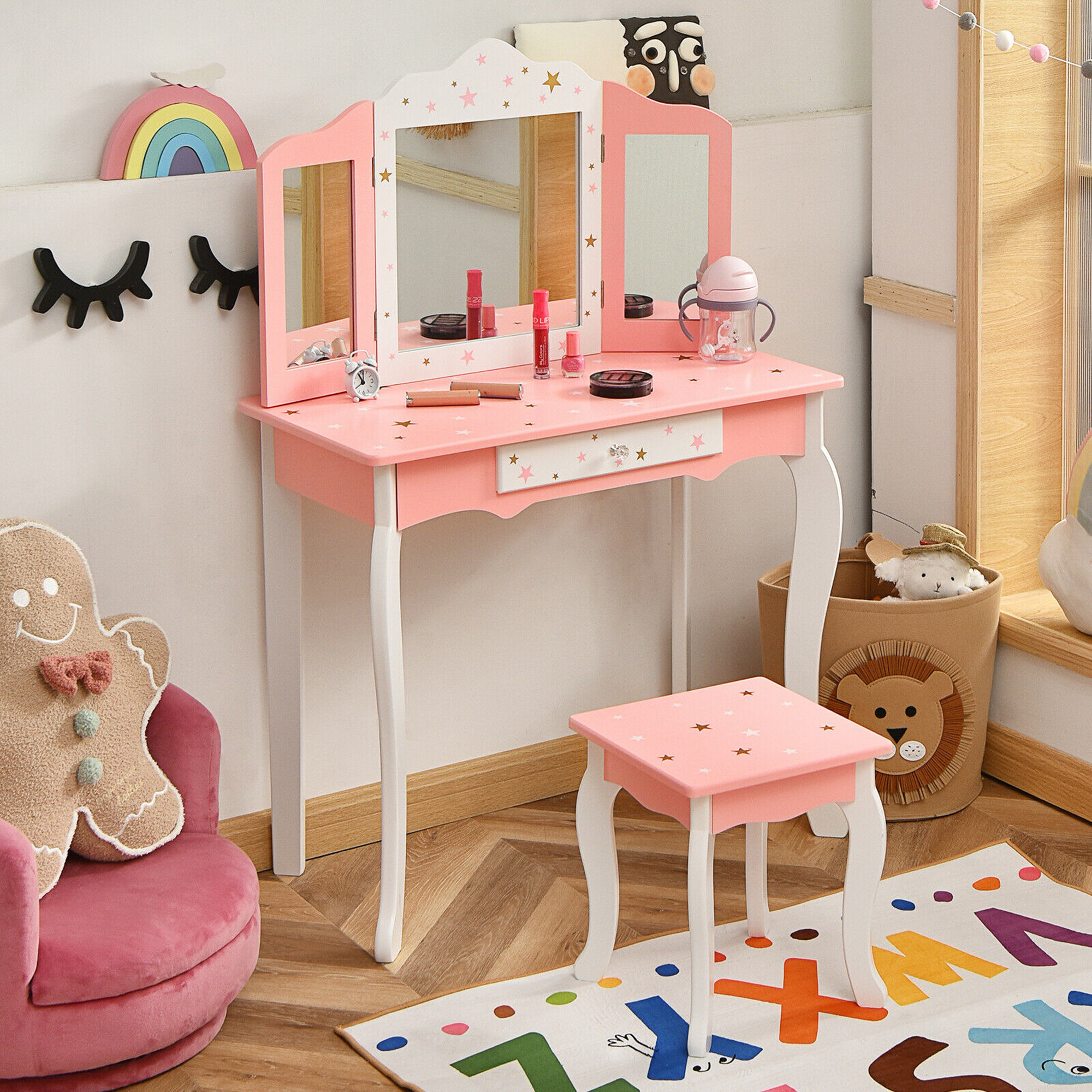 Gemma Violet McMillan Kids Vanity Princess Makeup Dressing Table Chair Set W/ Tri-folding Mirror ...