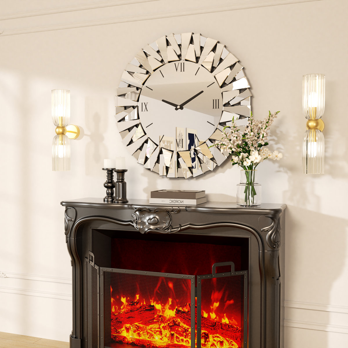 LUVODI Modern Round Beveled Glass Edge Wall Mounted Mirrored Clock ...