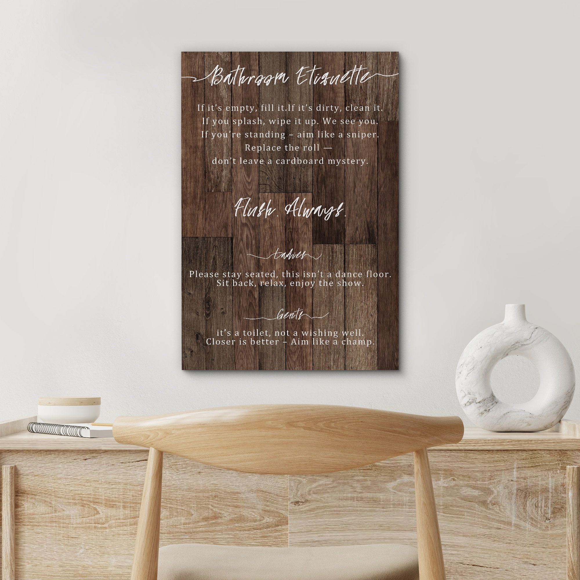 IDEA4WALL Bathroom Etiquette Sign on Rustic Wood Background Picture ...