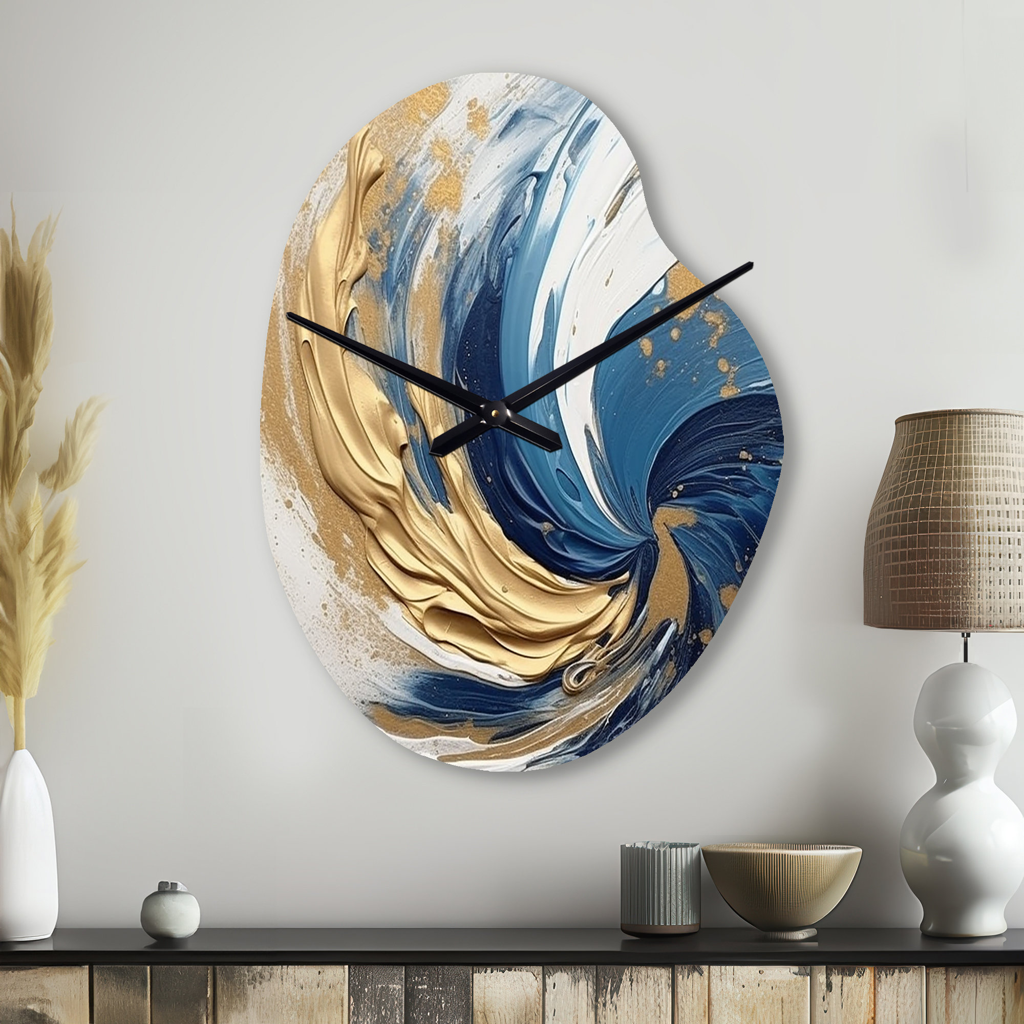 Design Art Dark Blue And Gold Spiral IV - Pear Shape Blue Wall Clock ...