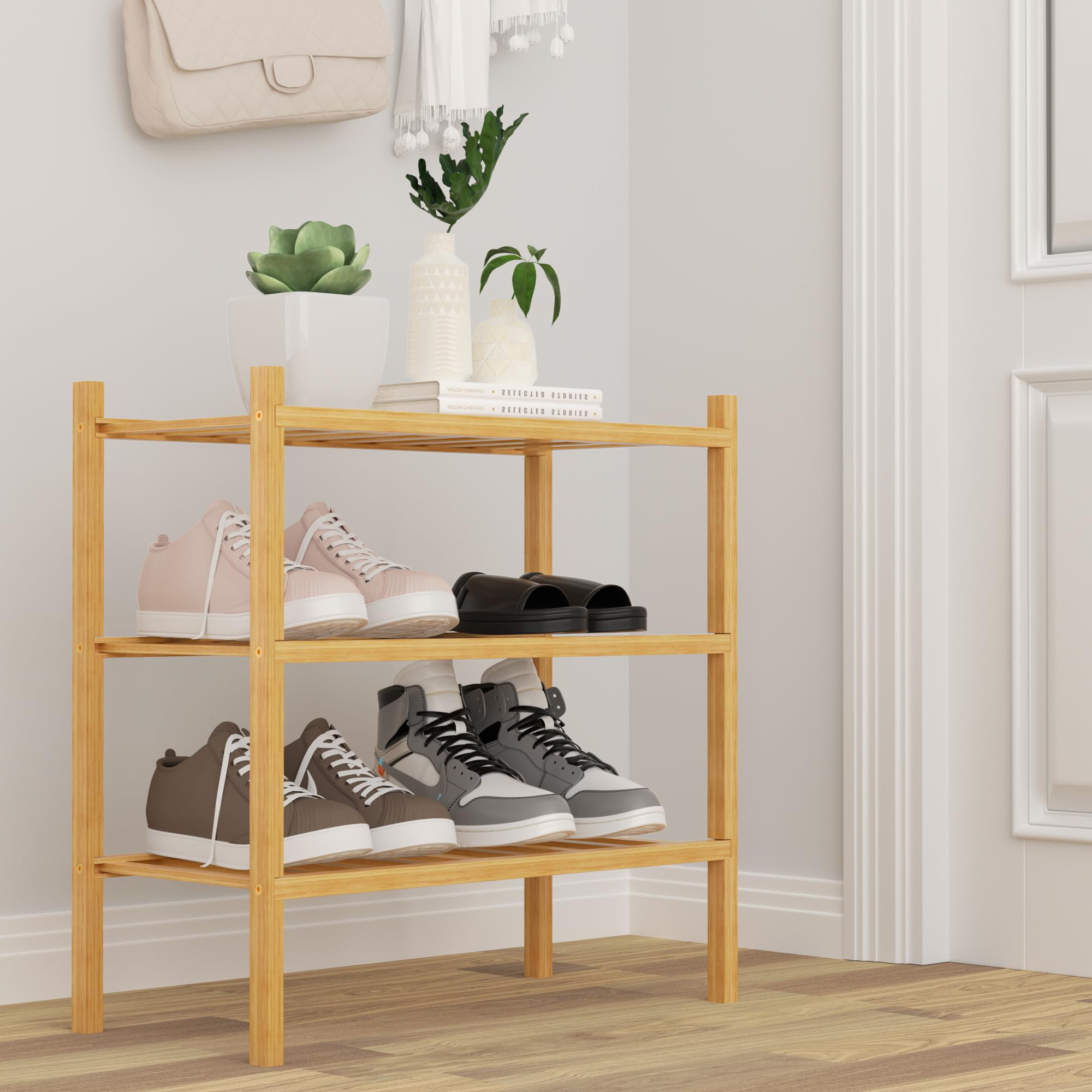 Latitude Run® Thick Bamboo Shoe Rack for Entryway, 3-Tier Free Standing ...