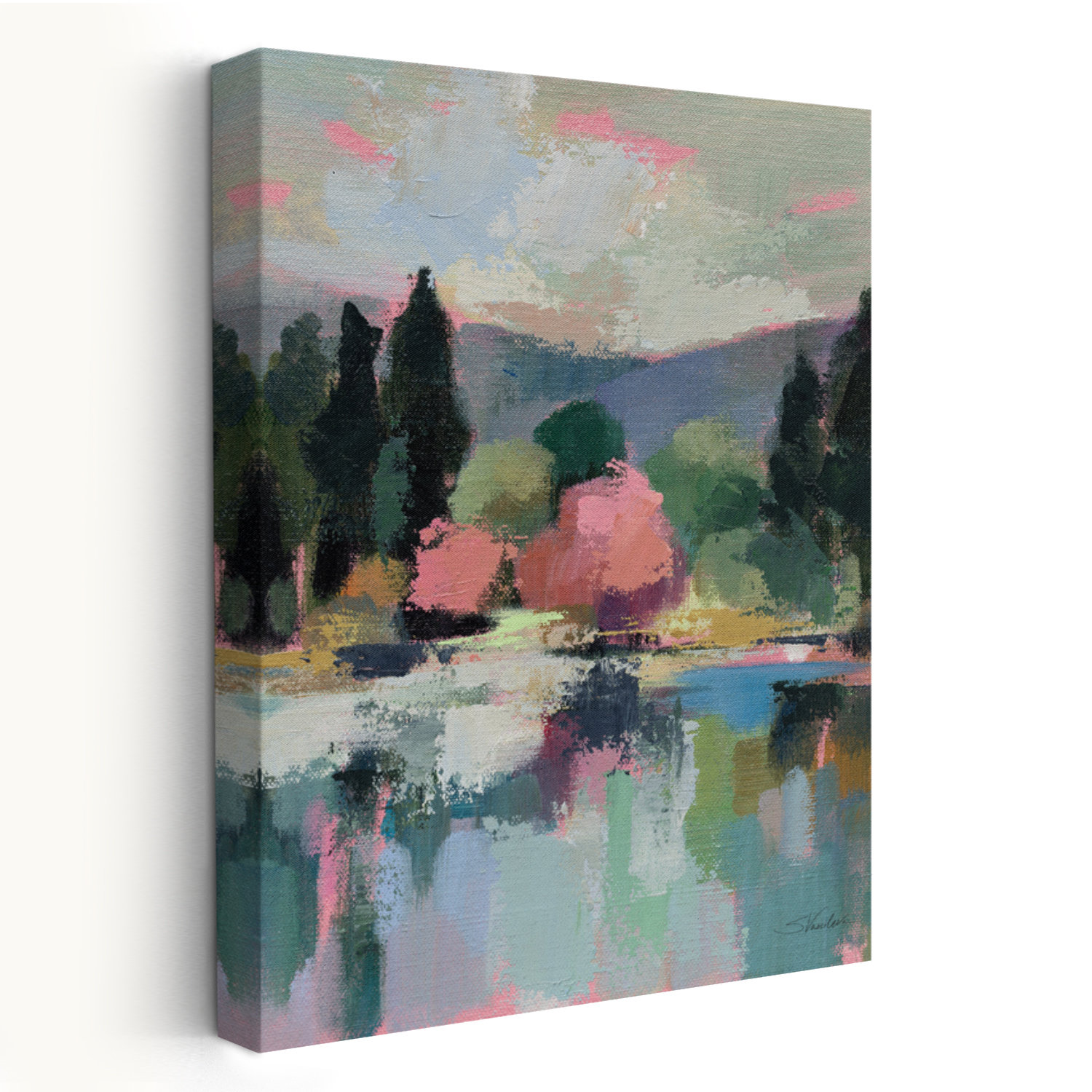 Winston Porter Blooming Trees I - Blue Green Lake Landscape | Wayfair