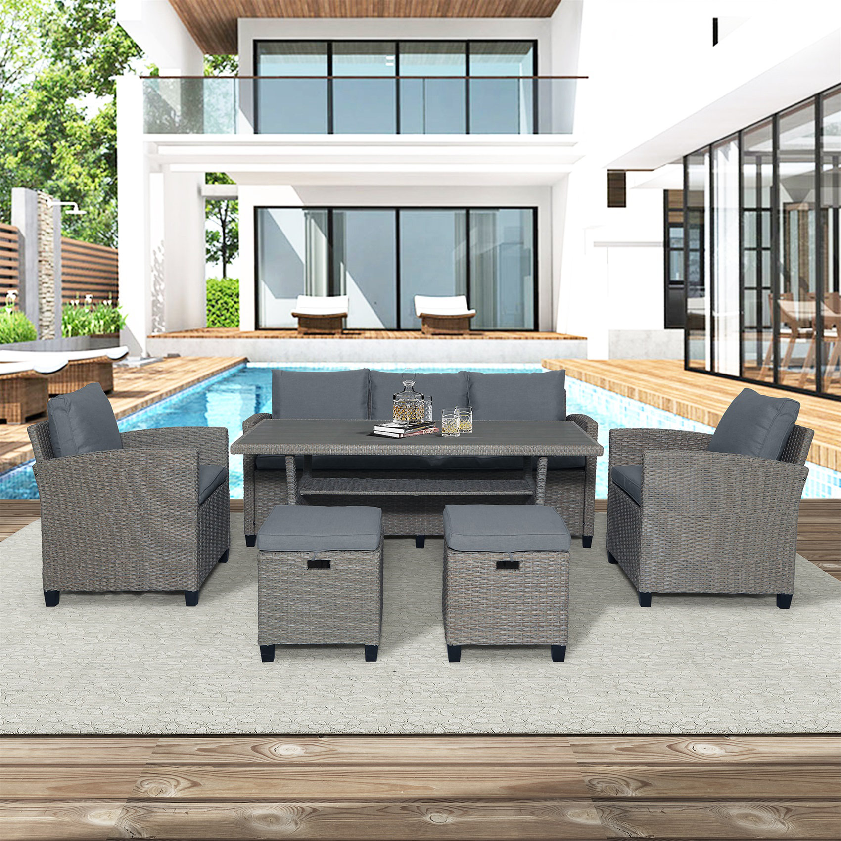 Latitude Run® Anthwan 6 Piece Rattan Lounge Dining with Cushions ...