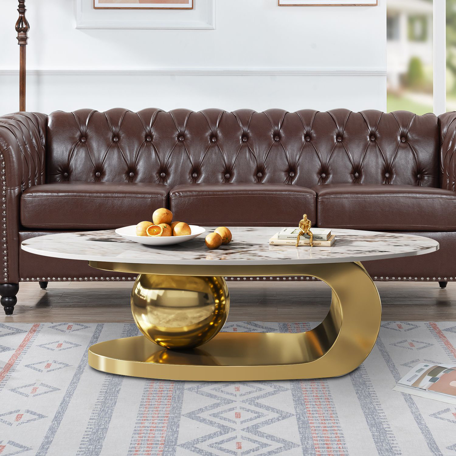 Orren Ellis Modern Oval Faux Marble Glass Coffee Table with Metal Base ...
