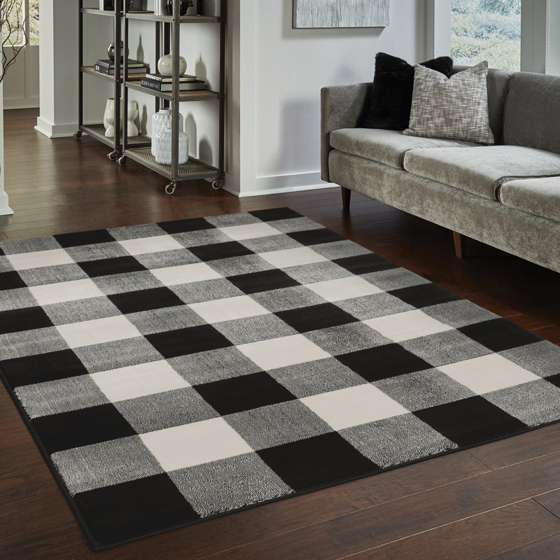 Gracie Oaks Schoffer Gingham Black/Ivory Area Rug & Reviews | Wayfair