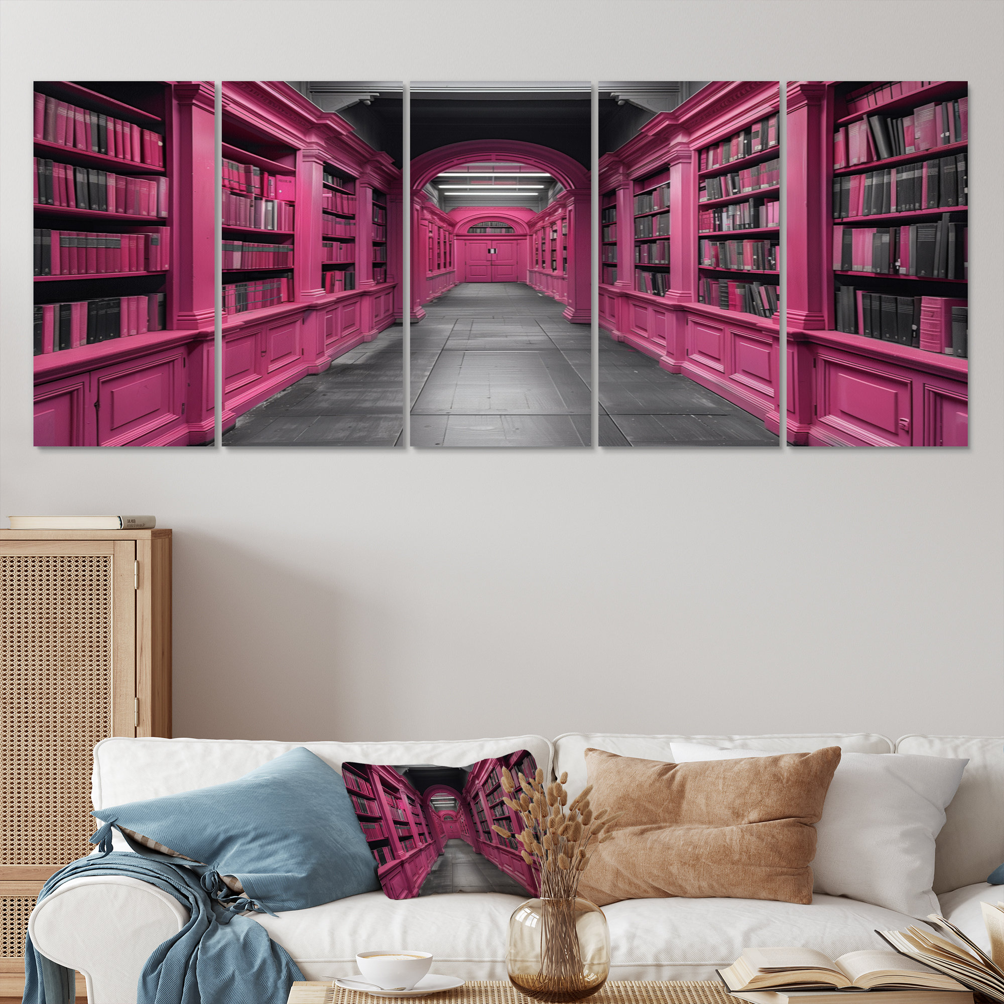 Design Art Pink Grey Library Bookshelf Perspective II - Libraries Wall ...