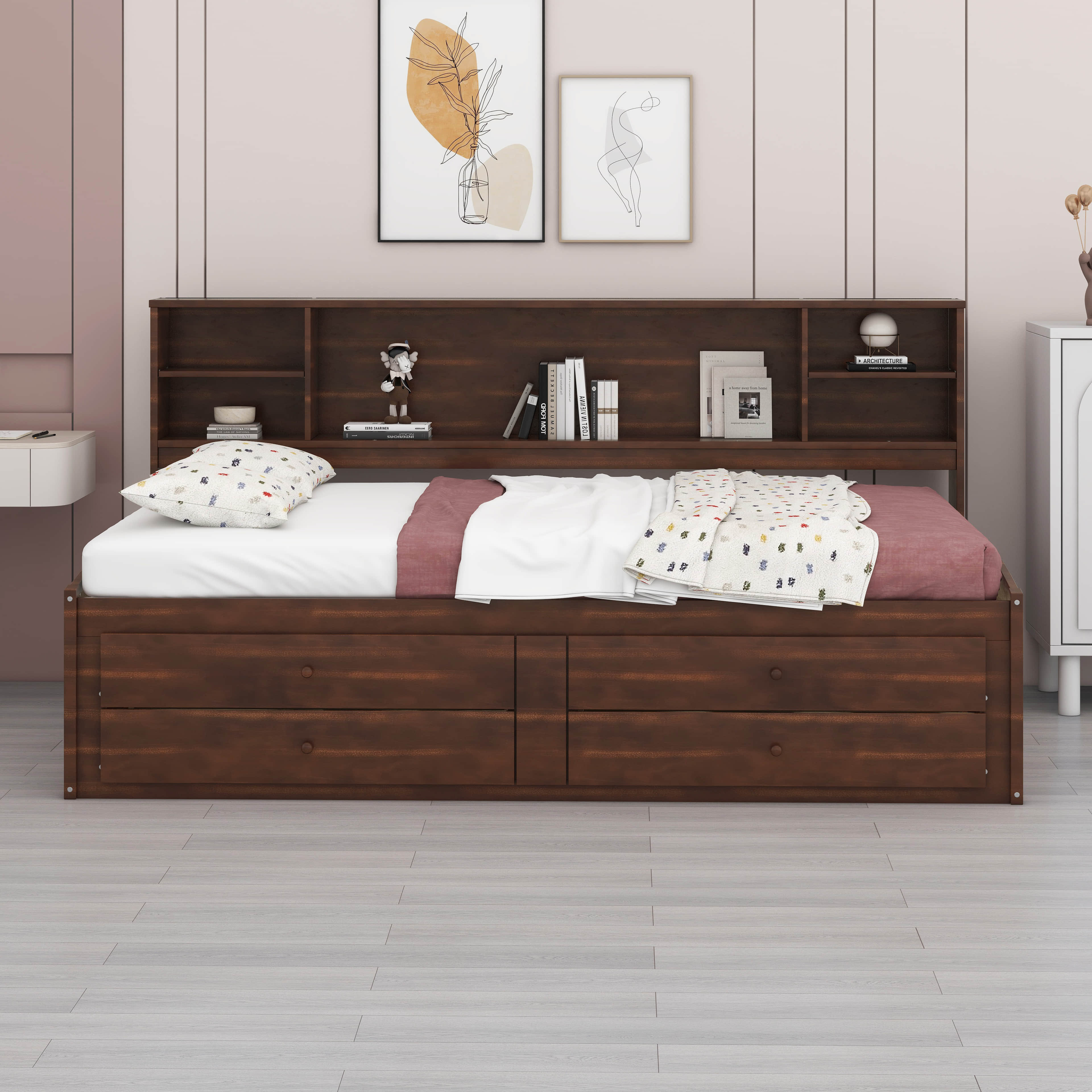 Latitude Run® Wood Full Size Captain Bed With Drawers,Storage Shelves ...
