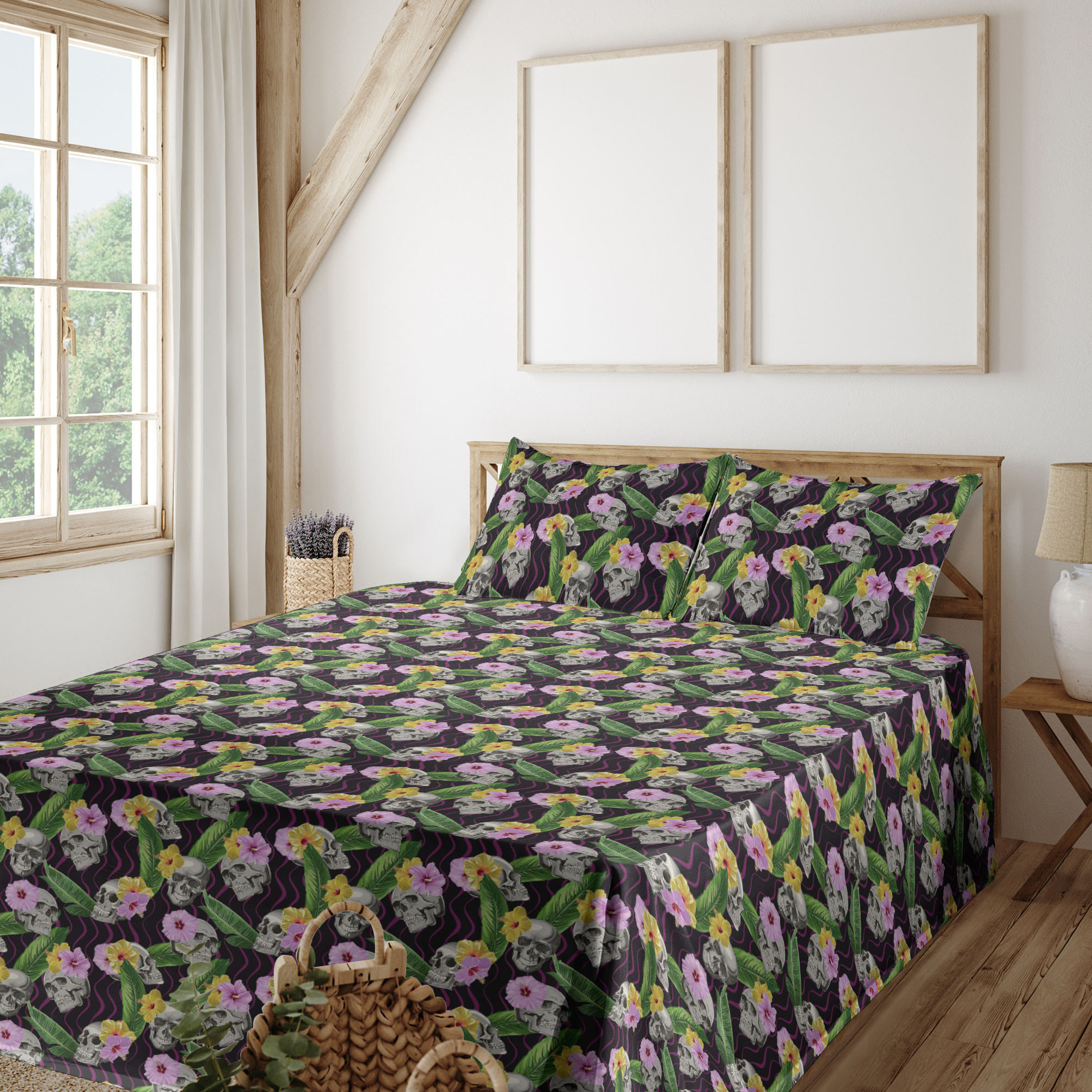 Ambesonne Skull Sheet Set Skeleton Head Hibiscus Leaves Purple and ...