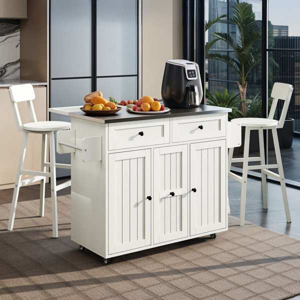 Winston Porter Mobile Kitchen Island with Seating & Drop Leaf ...