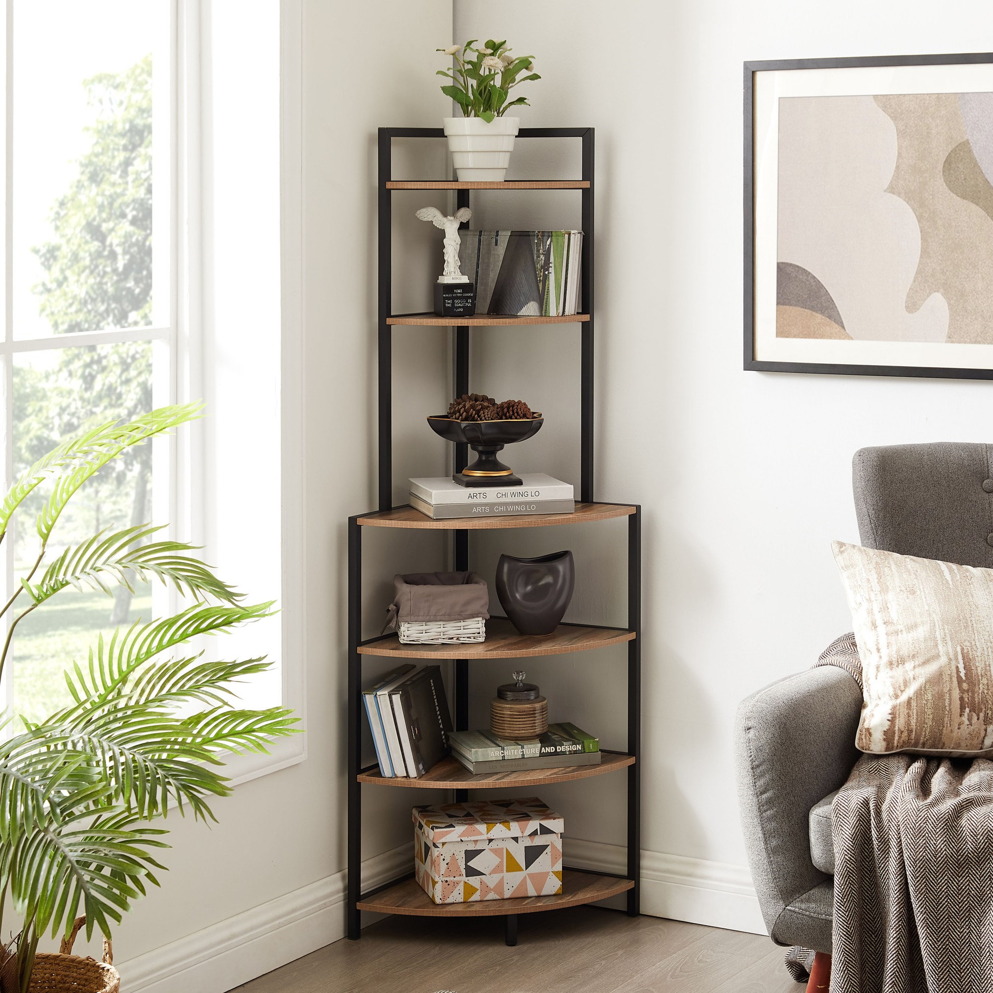 Mercer41 Small Corner Shelf, Bookcase, Freestanding Wood Rack, Bookcase ...