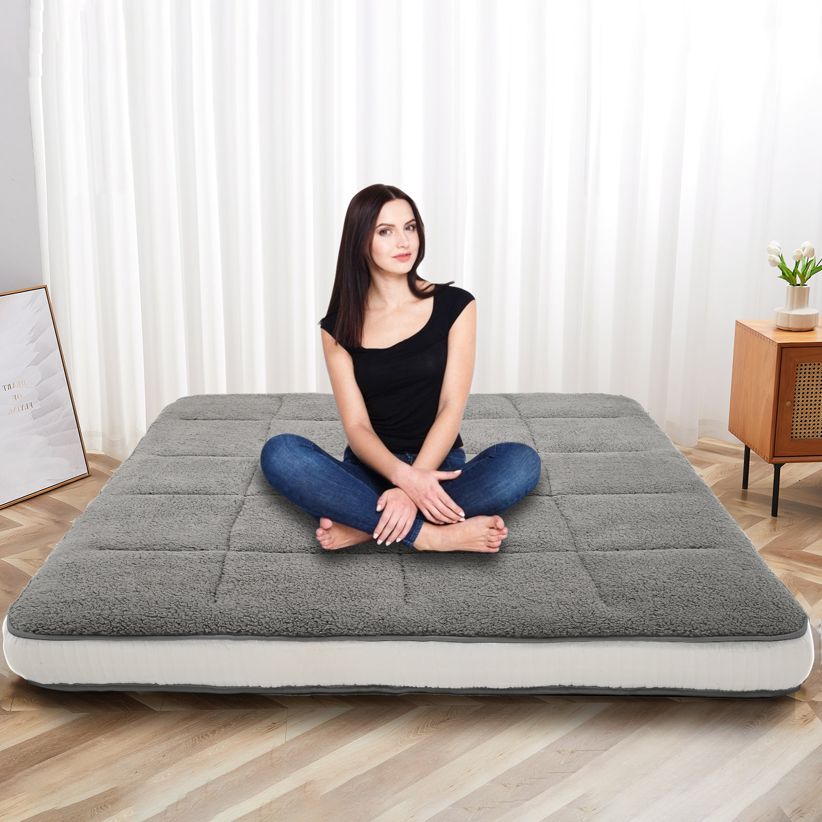 Alwyn Home Paoli Japanese Floor Mattress, 4" Thick Sherpa Fleece Futon ...