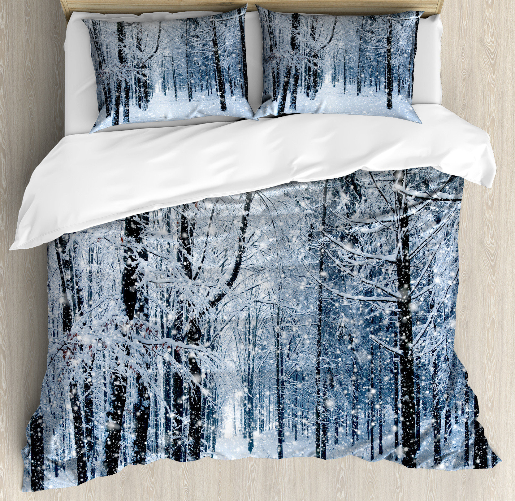 Ambesonne Winter Duvet Cover Set, Snow Covered Forest, Calking, Black ...