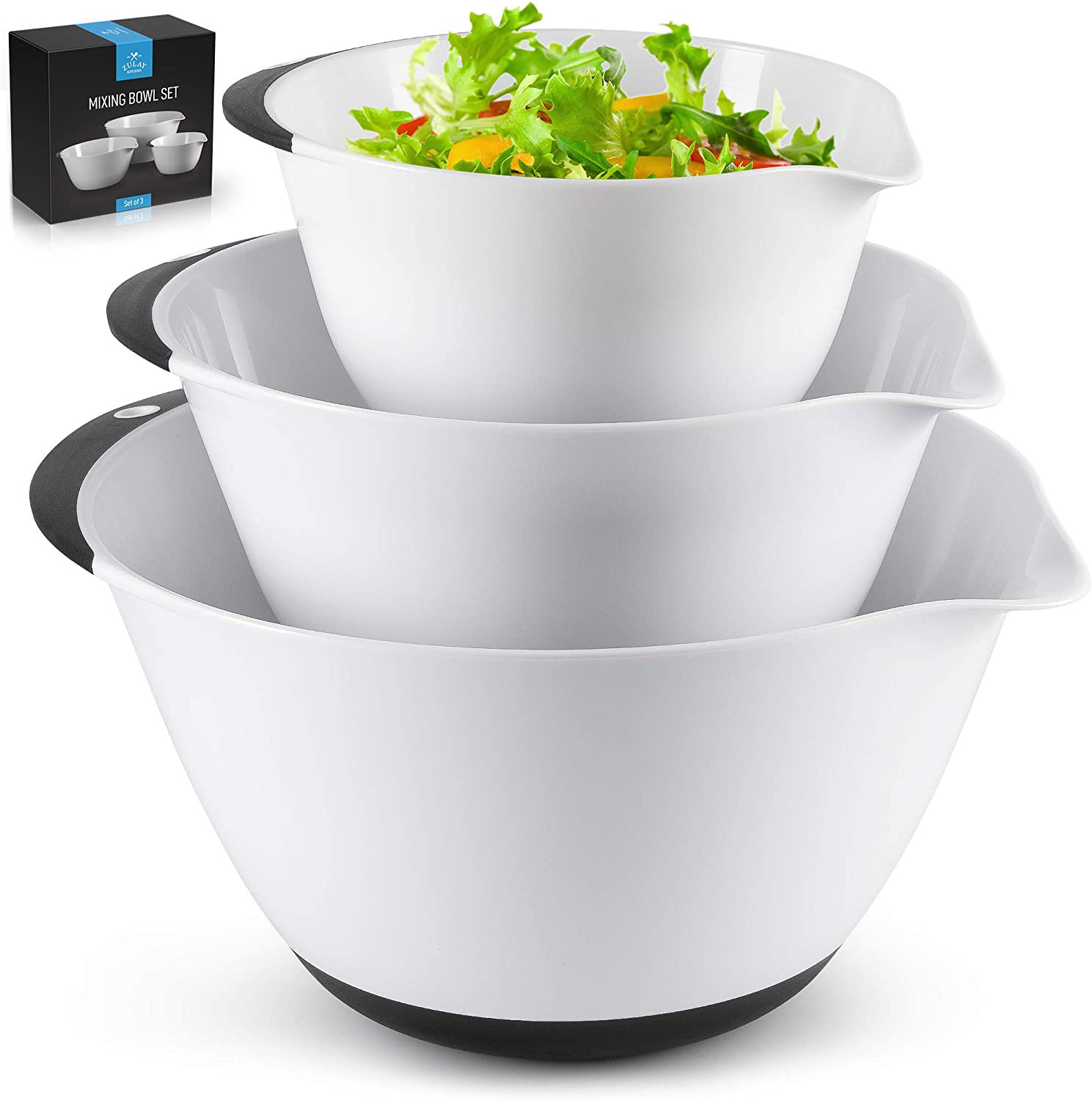 Zulay Kitchen 3-Piece Mixing Bowl Set - Plastic Mixing Bowls With ...