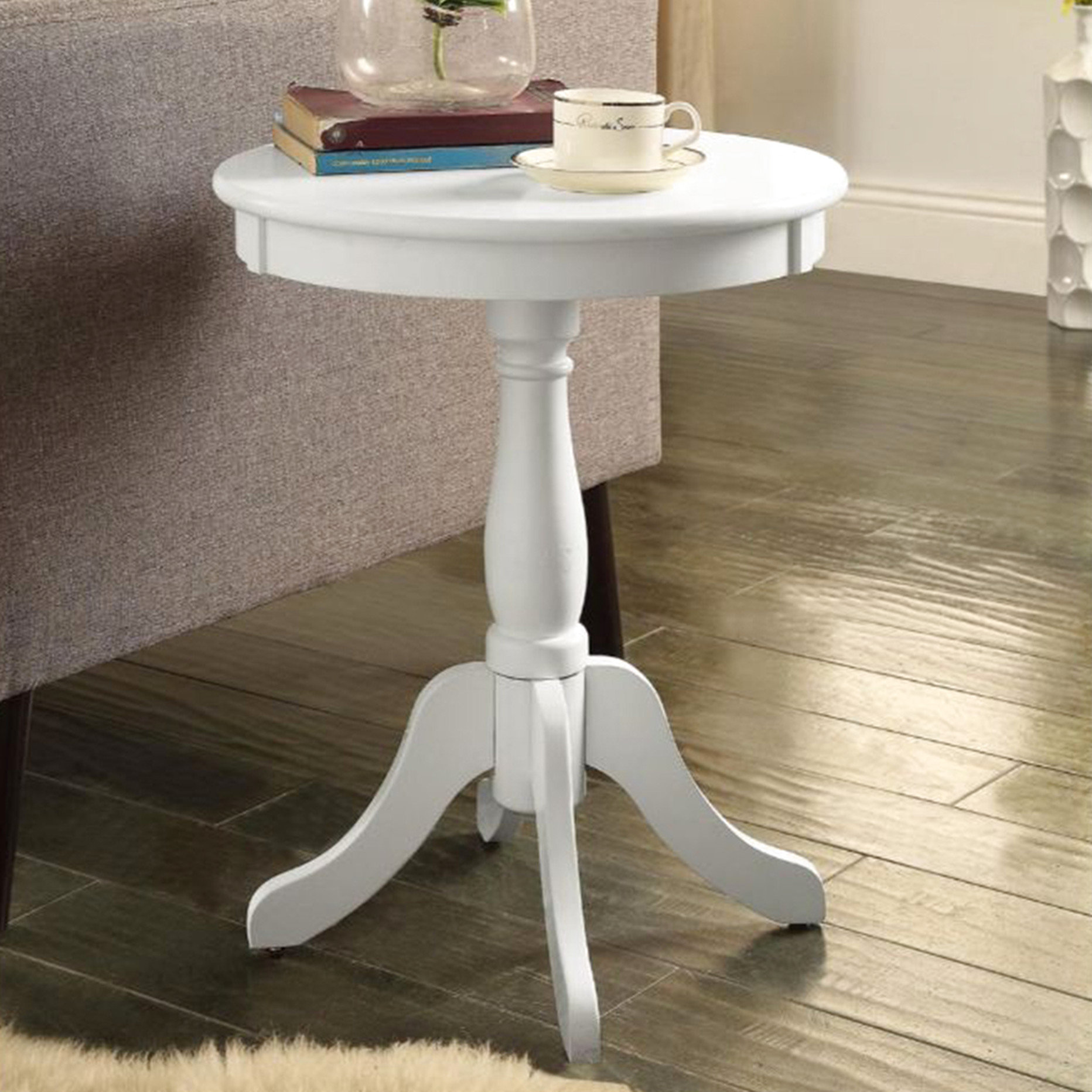 Ophelia & Co. White Cottage Style Round Pedestal Accent Table, Solid ...