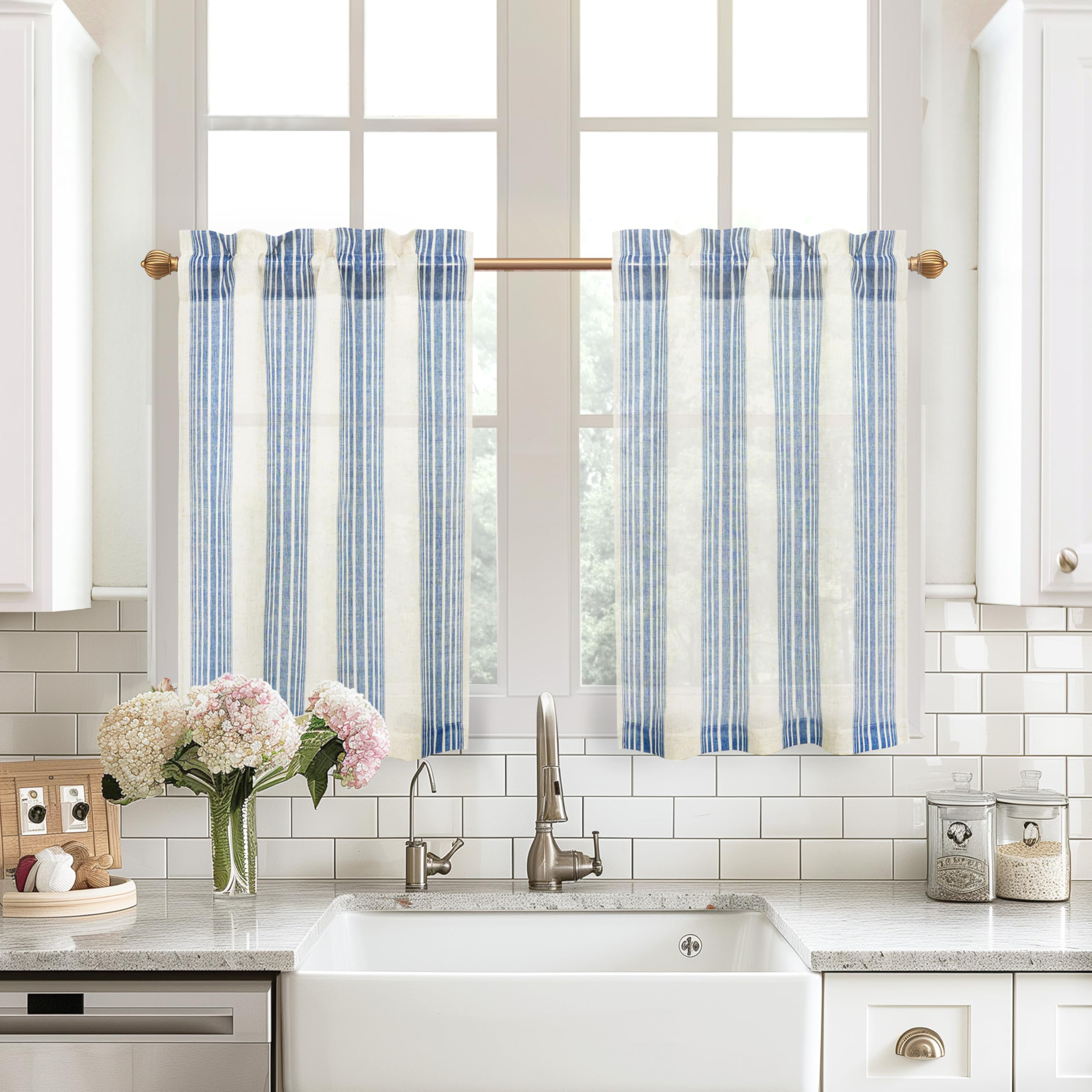 Gracie Oaks Kitchen Curtains Striped Tier Linen Short Curtains ...