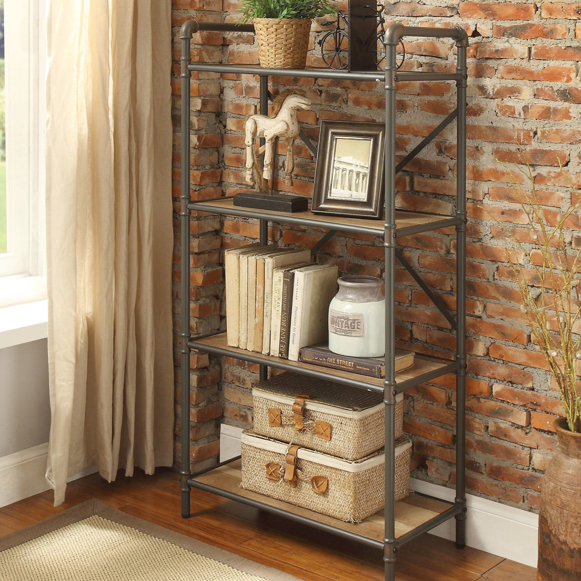 TUOXIN 4 Tier Open Back Bookshelf With Sandy Gray And Antique Oak ...
