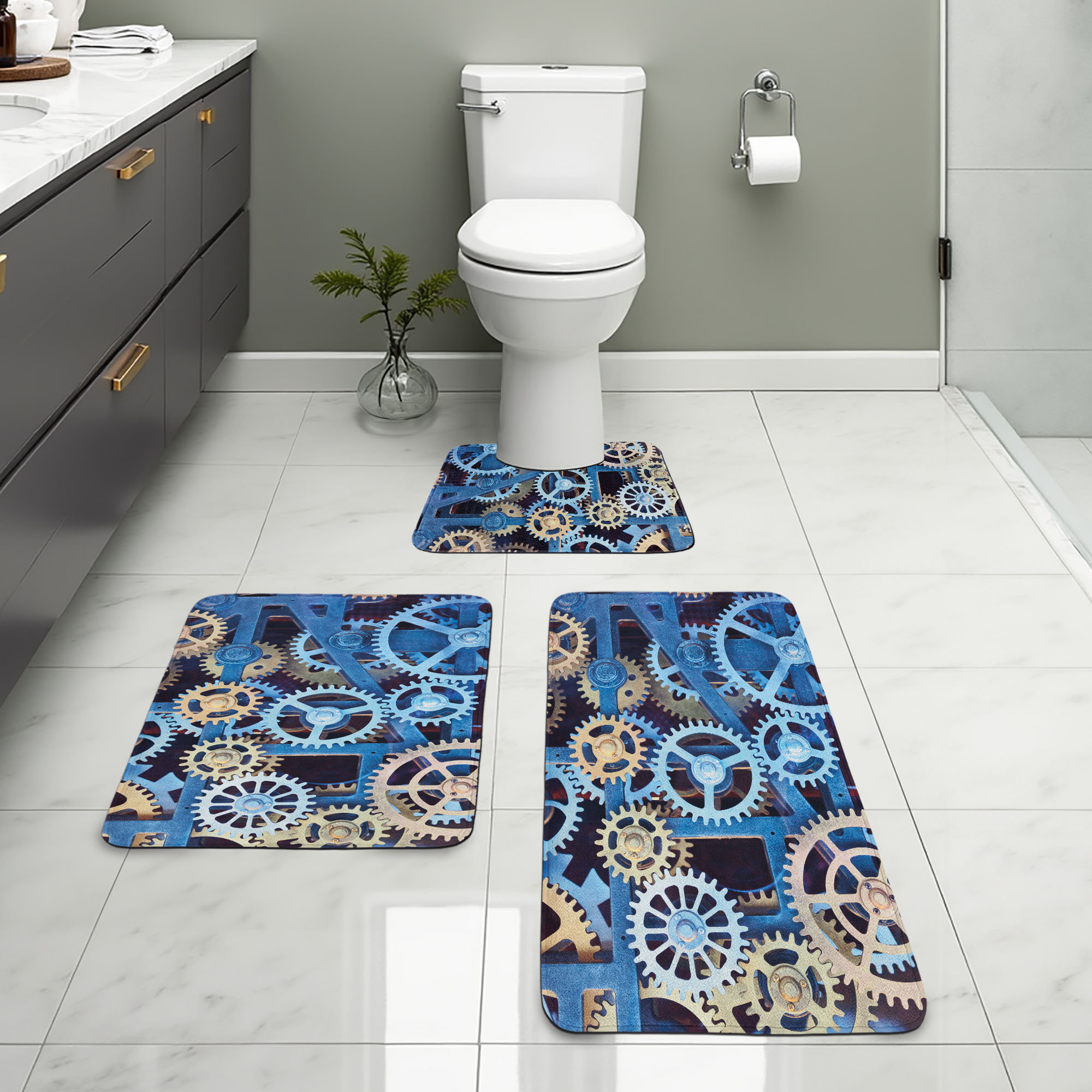 Ivy Bronx Mechanical Bathroom Rug Set 3 Pieces U-Shape & Rectangle Mats ...
