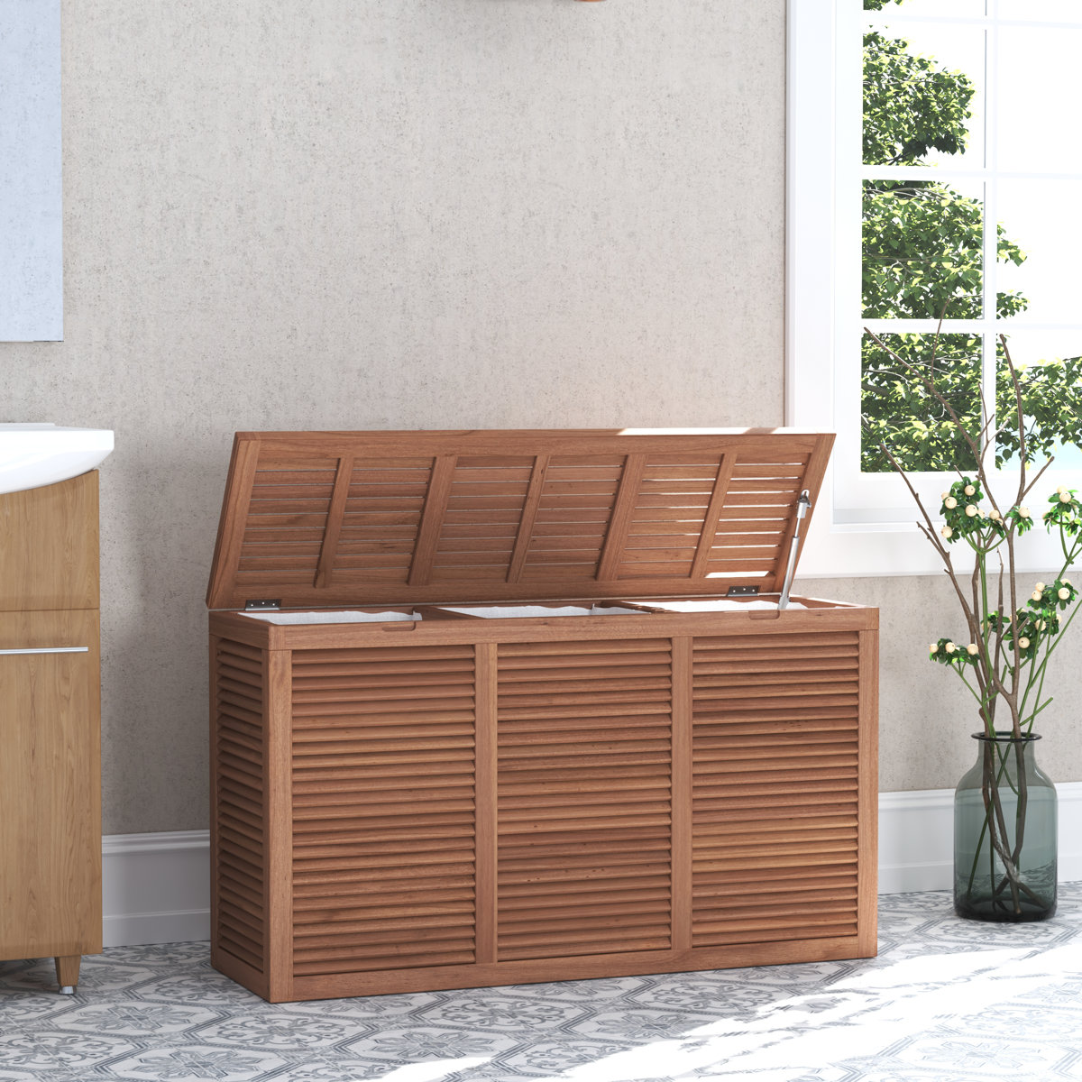 Aqua Teak Nila Triple Size Wall-Hugging Teak Louvered Hamper | Wayfair