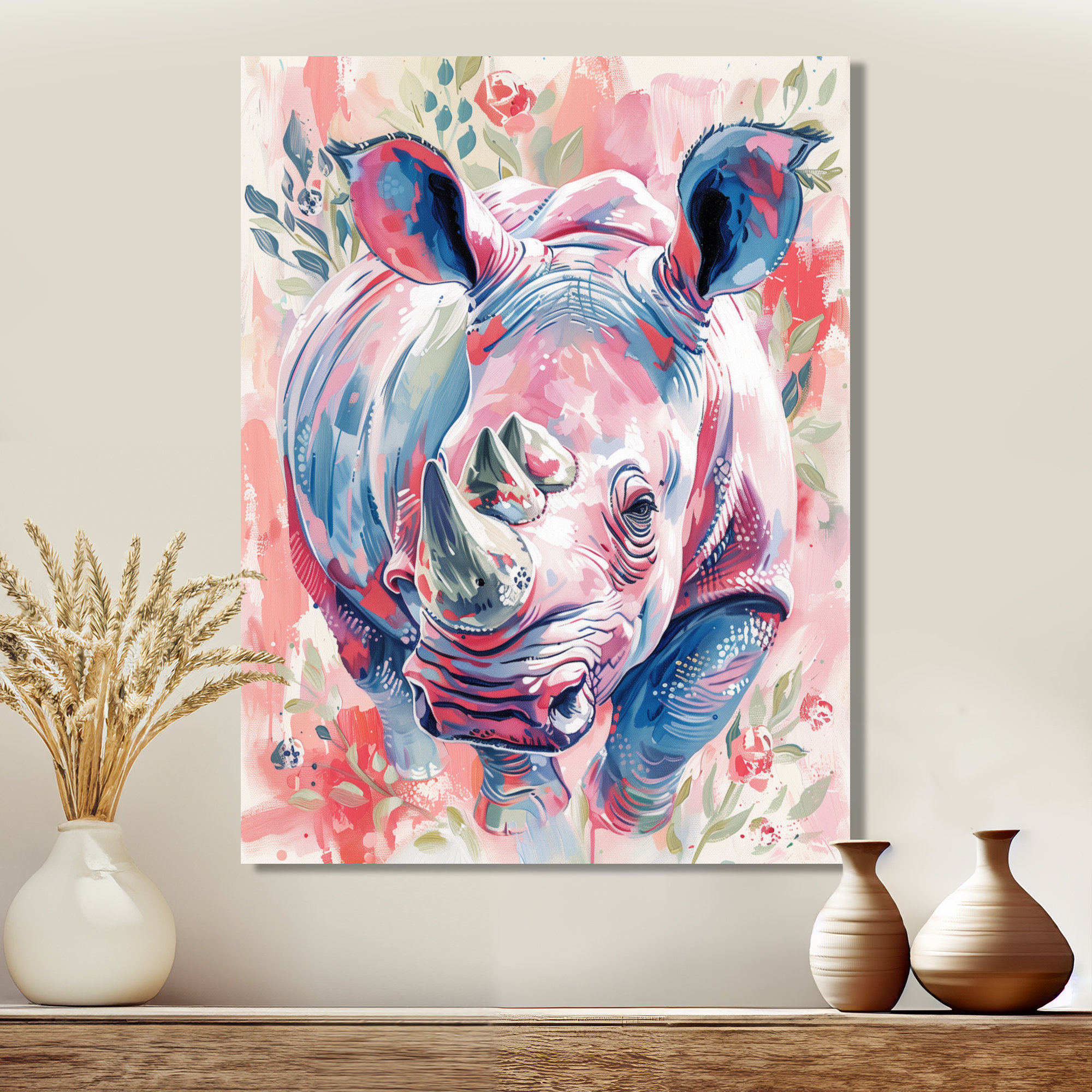 Dakota Fields Pink Green Rhino Wondering Meadows II - Rhinoceros Animal ...