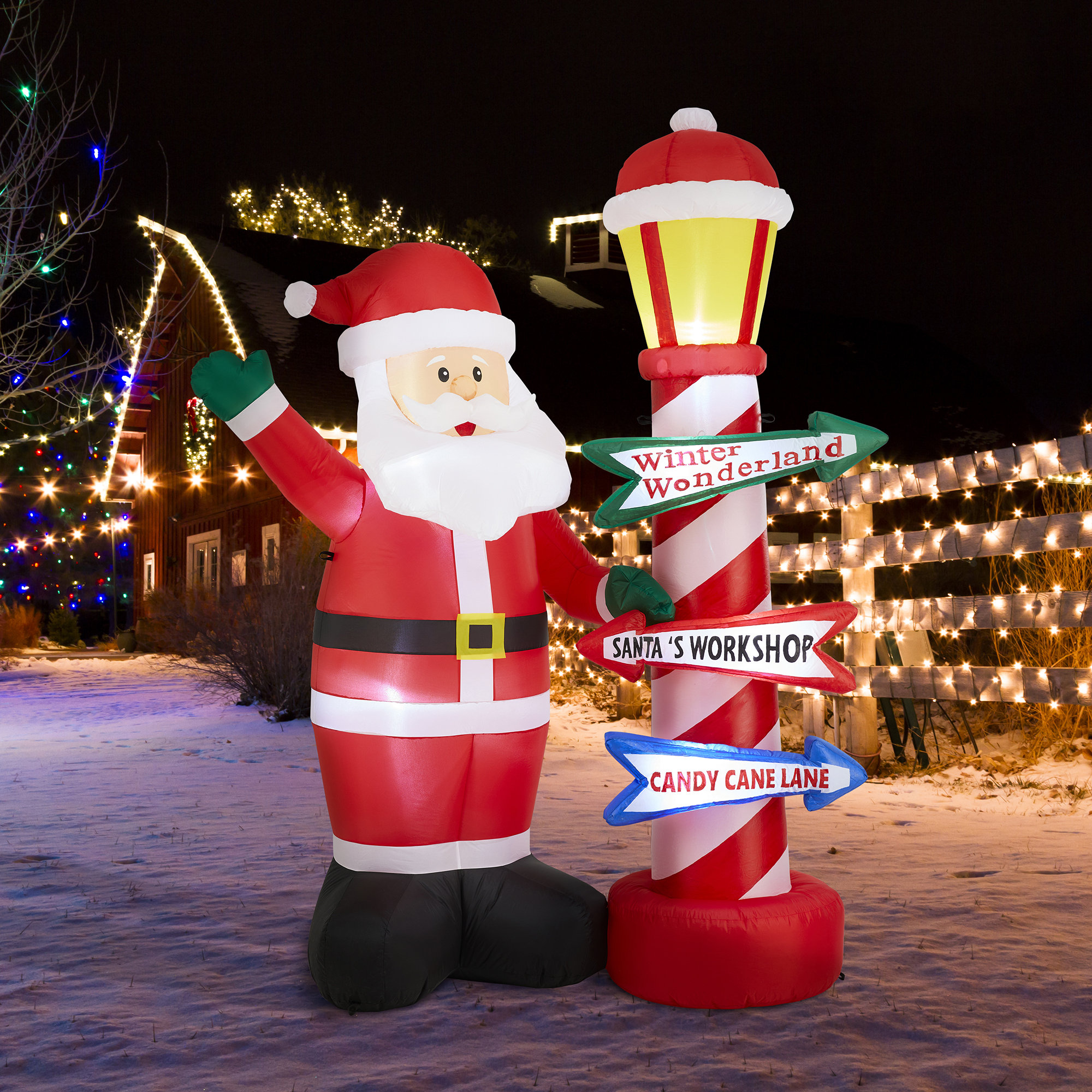 Alcott Hill® 7FT Lighted Inflatable Santa With Lamp Post Sign Decor ...