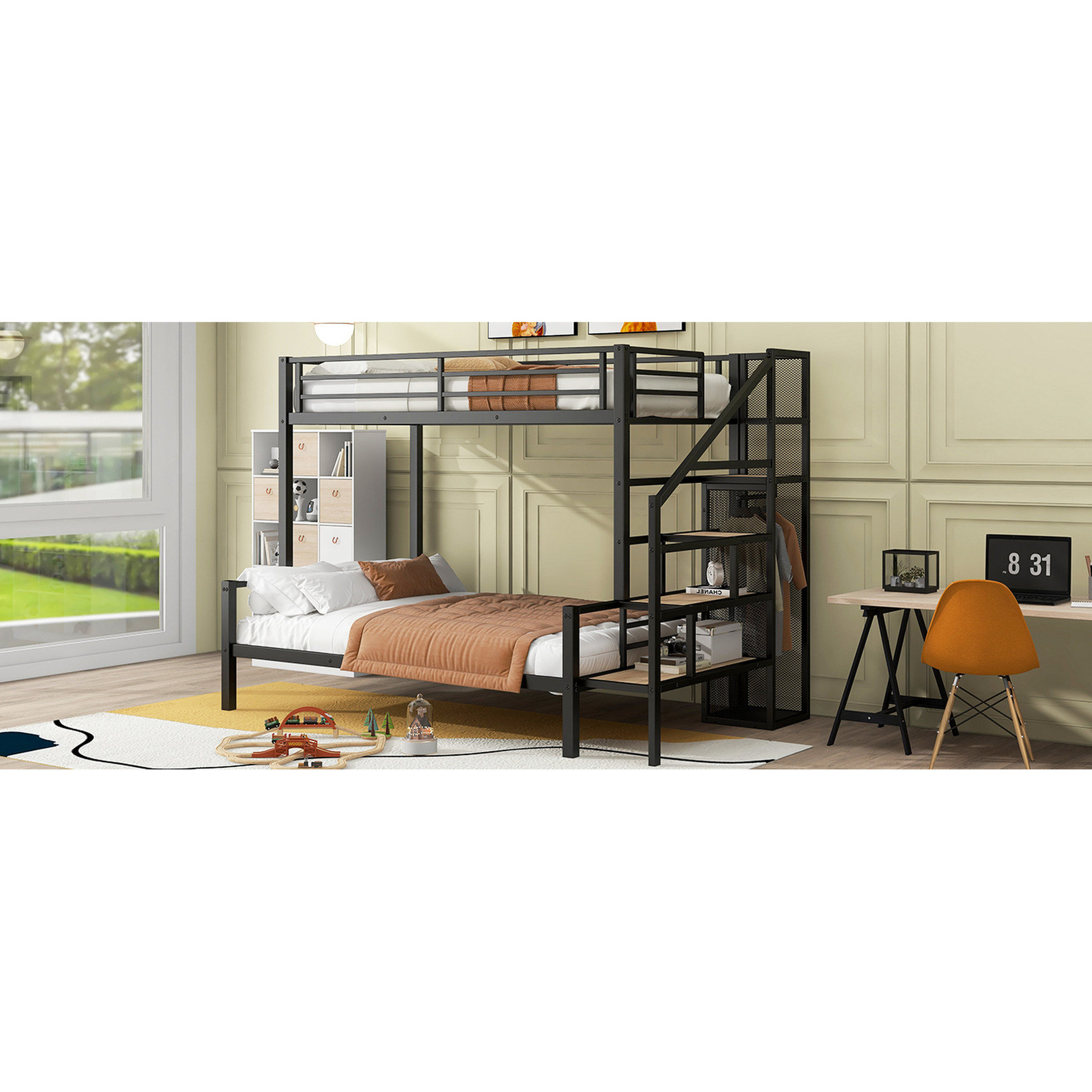 17 Stories Twin Over Full Bunk Bed With Metal Frame And Storage ...