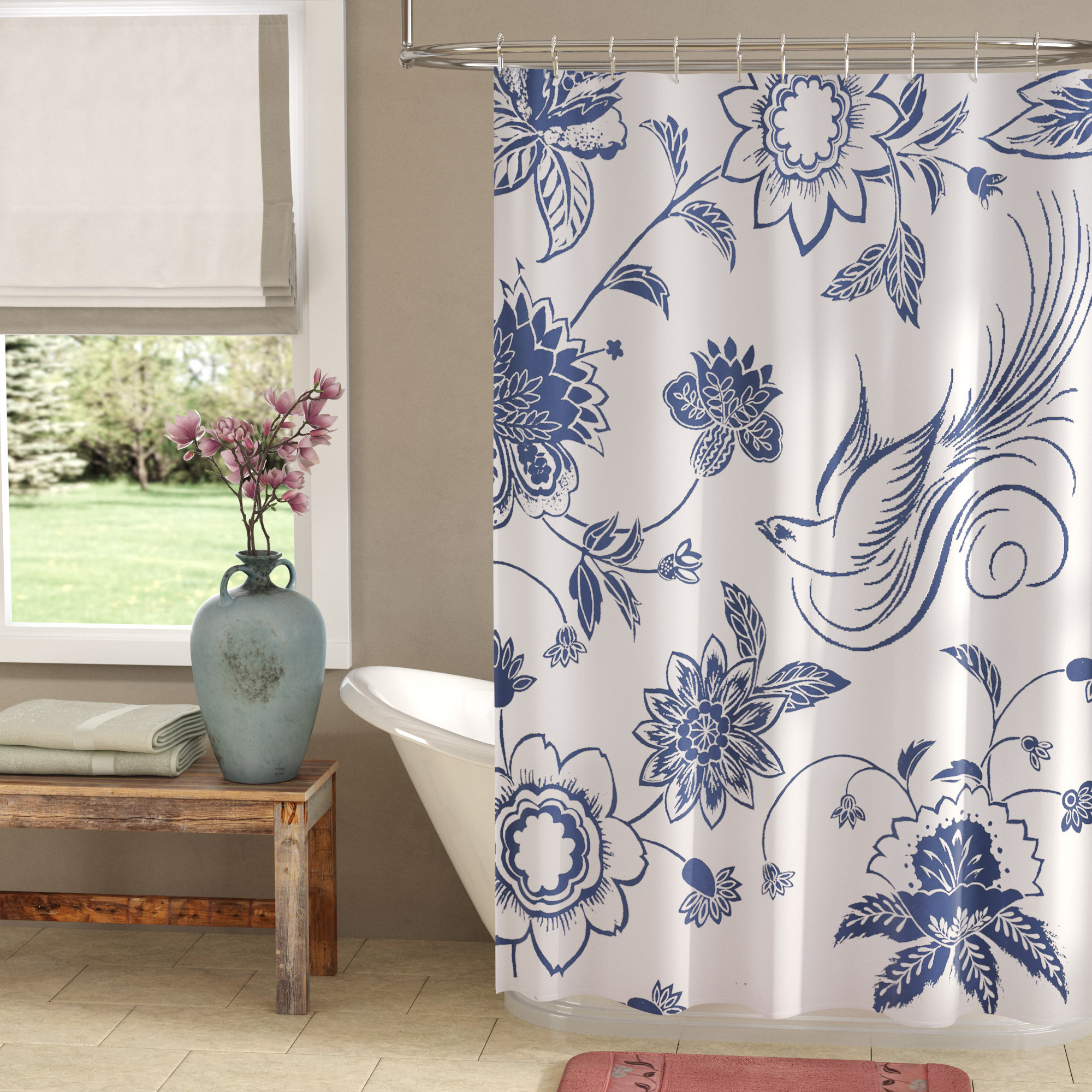 Lark Manor Everill Traditional Bird Floral Print Single Shower Curtain ...
