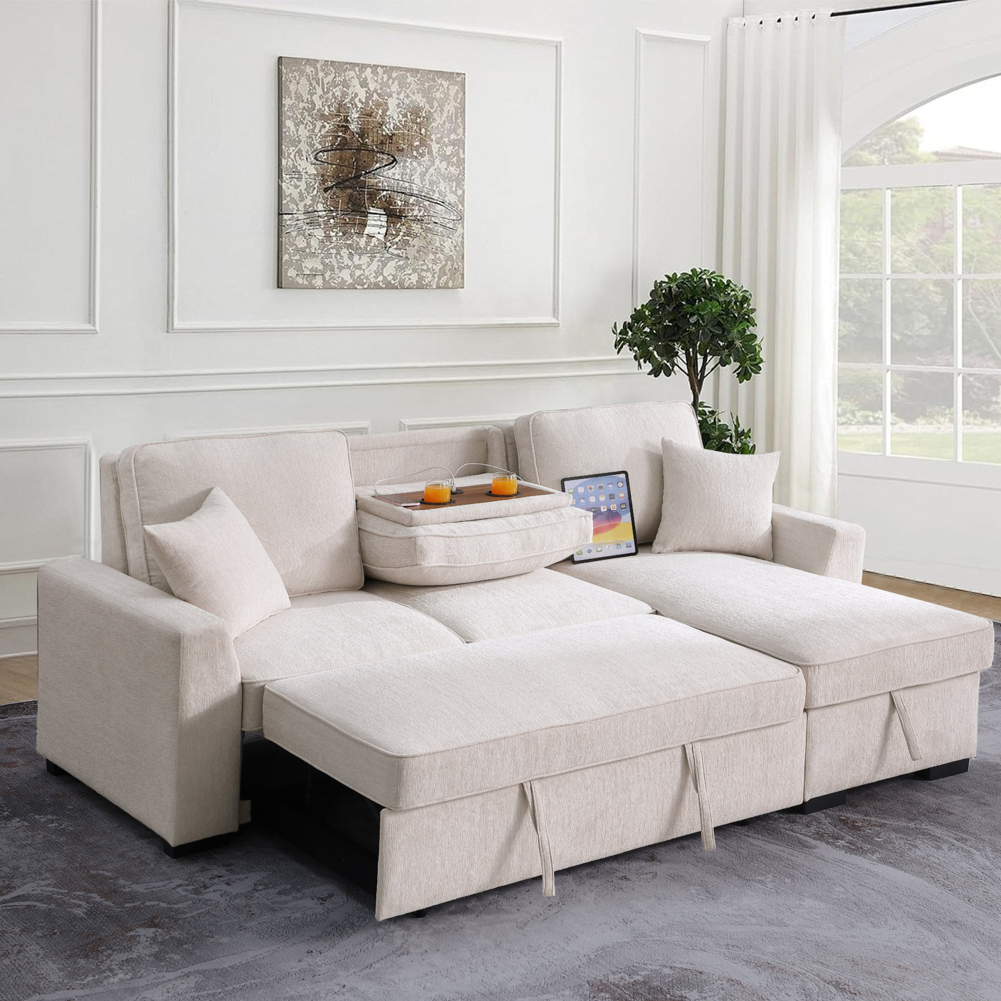 Ebern Designs L-Shaped Sleeper Sofa Reversible Couch Pull Out Couch ...