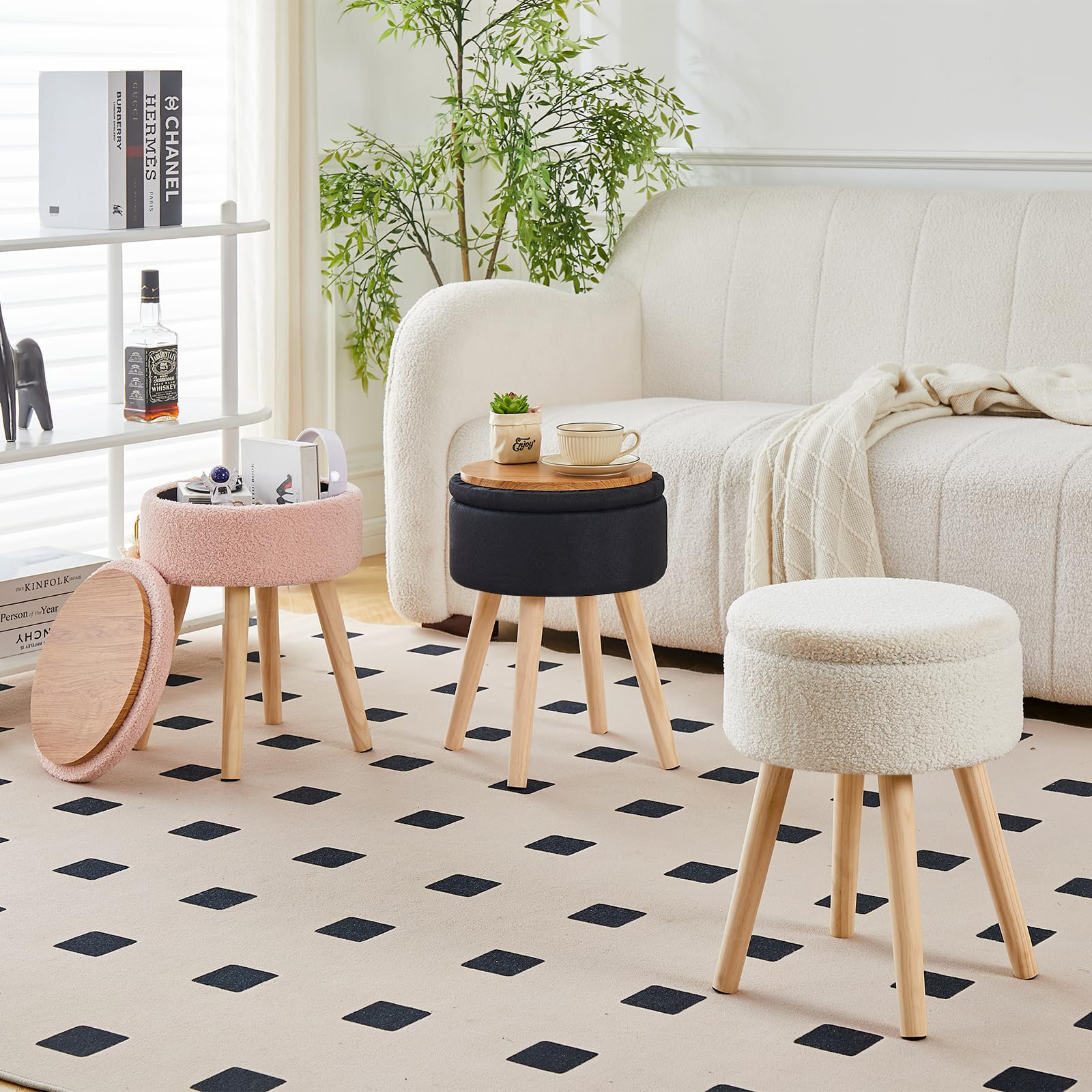 Mercer41 Storage Footstool Teddy Velvet Round Dressing Stool Tray Top ...